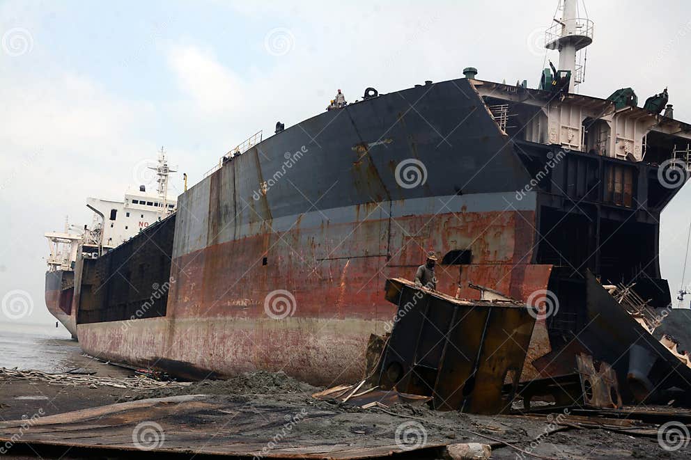 Partially Broken Down Ocean Ships at a Shipbreaking Yard. Inside of ...