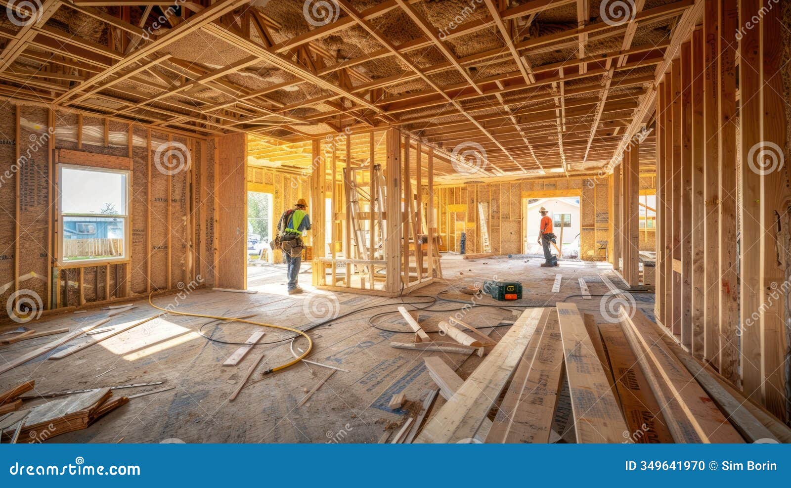 A Partially Built Structure with Exposed Beams and Workers Installing ...