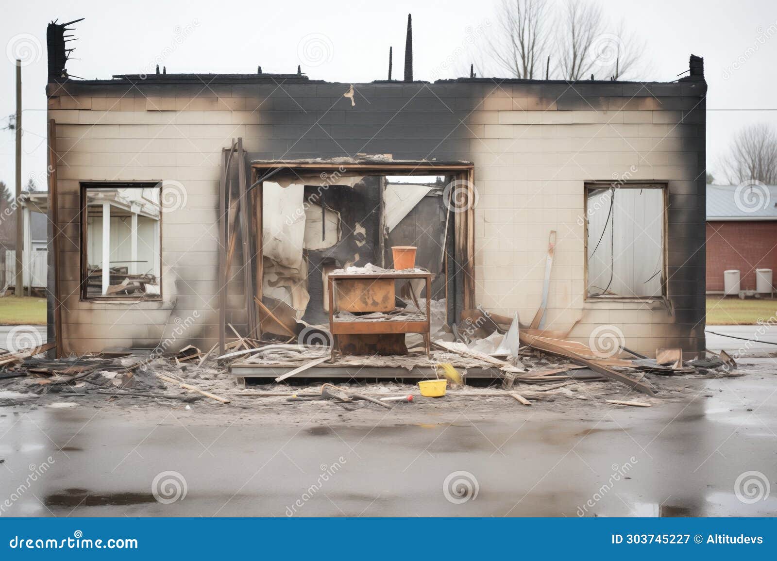 Partially Burned House with One Wall Still Intact and Smoldering Stock ...
