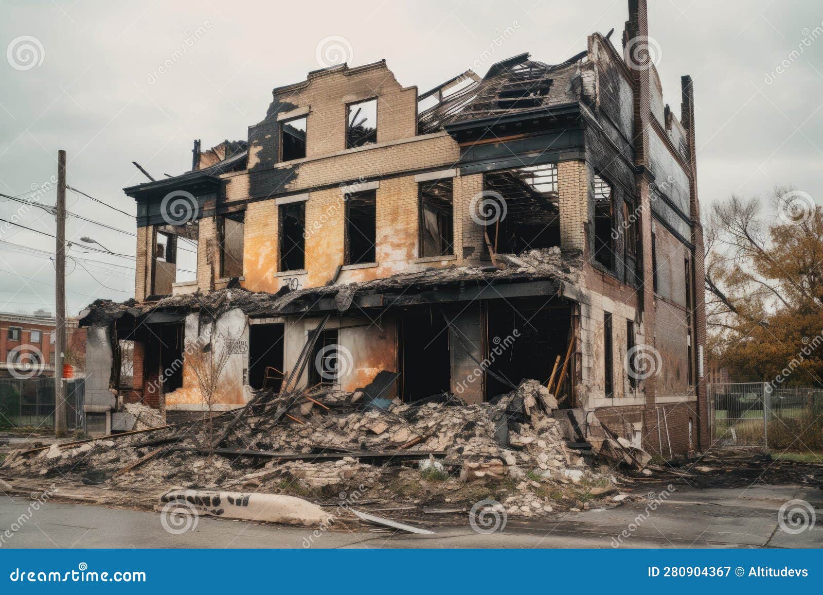 Partially Collapsed Abandoned Building, with Visible Signs of Fire and ...