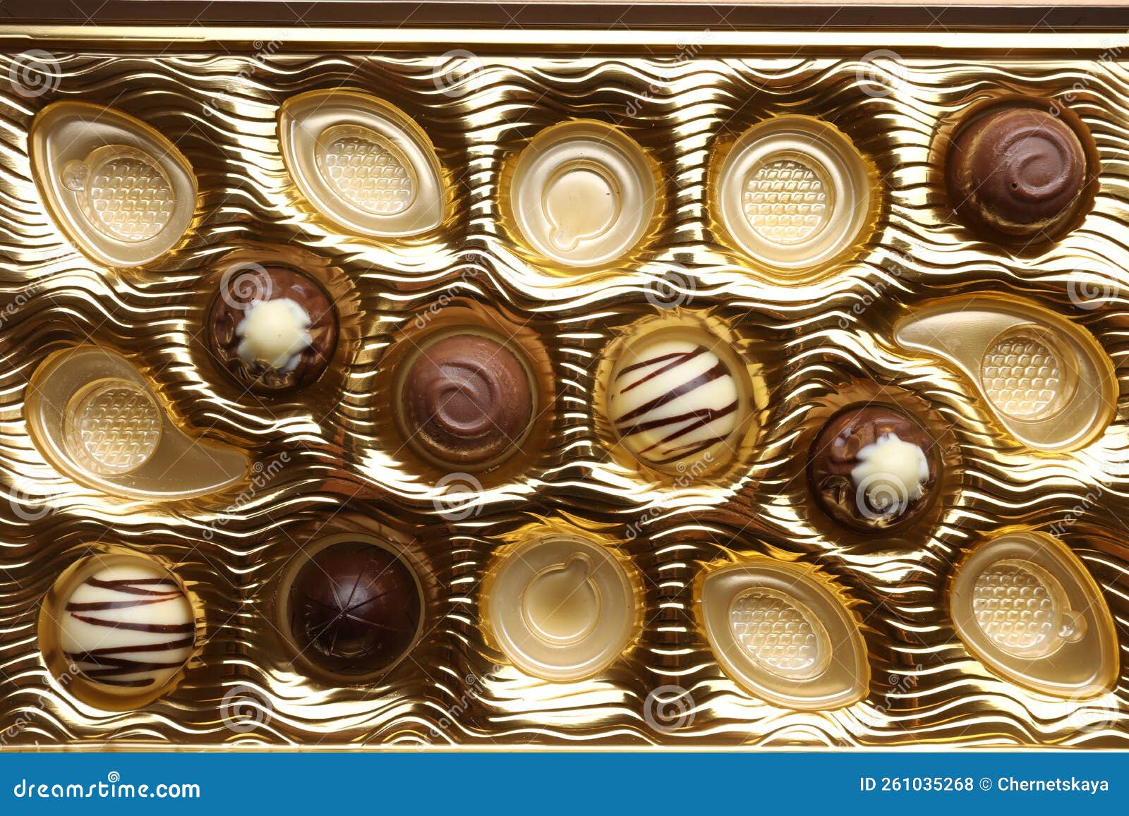 Partially Empty Box of Chocolate Candies As Background, Top View Stock ...