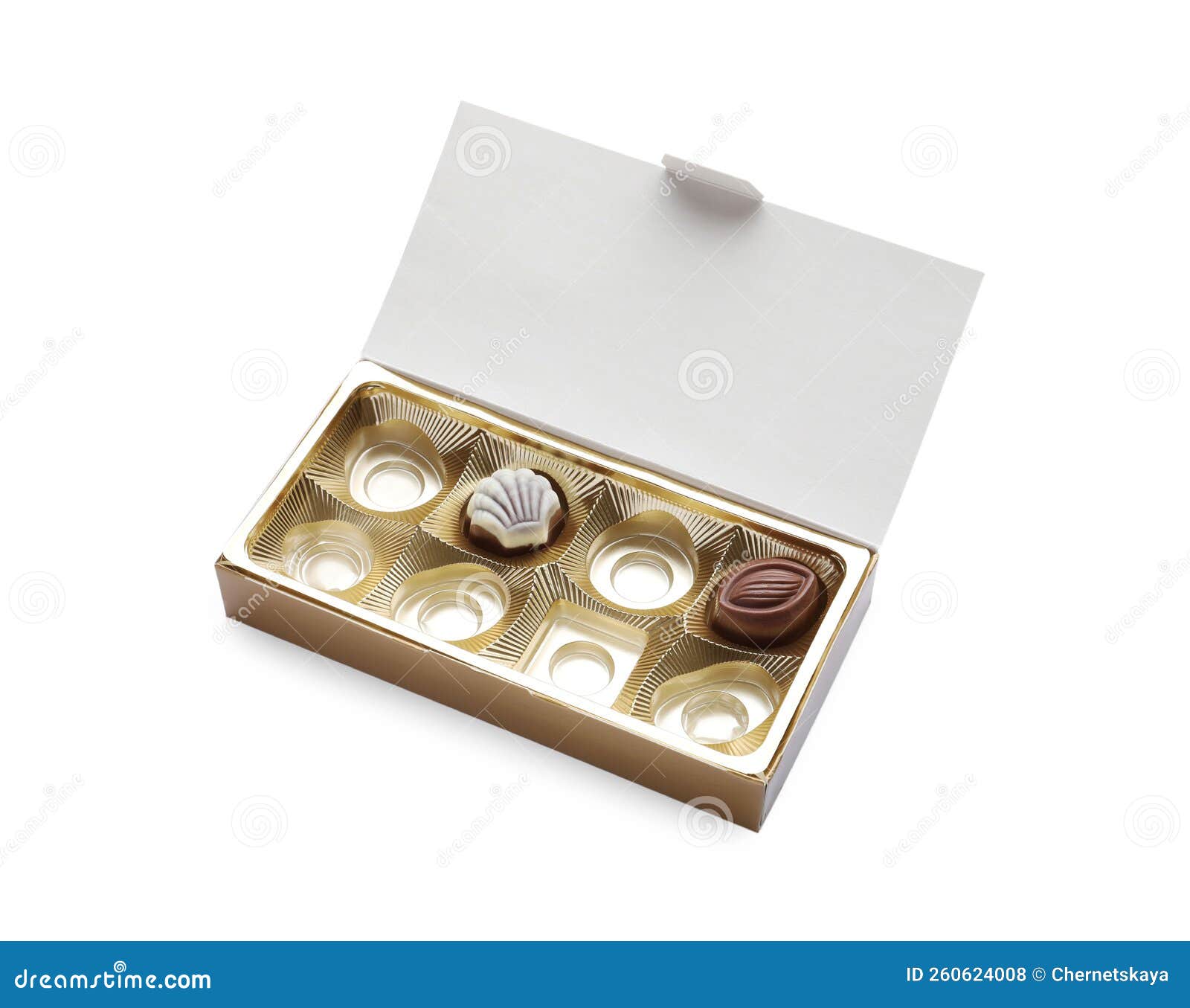 Partially Empty Box of Chocolate Candies Isolated on White Stock Photo ...