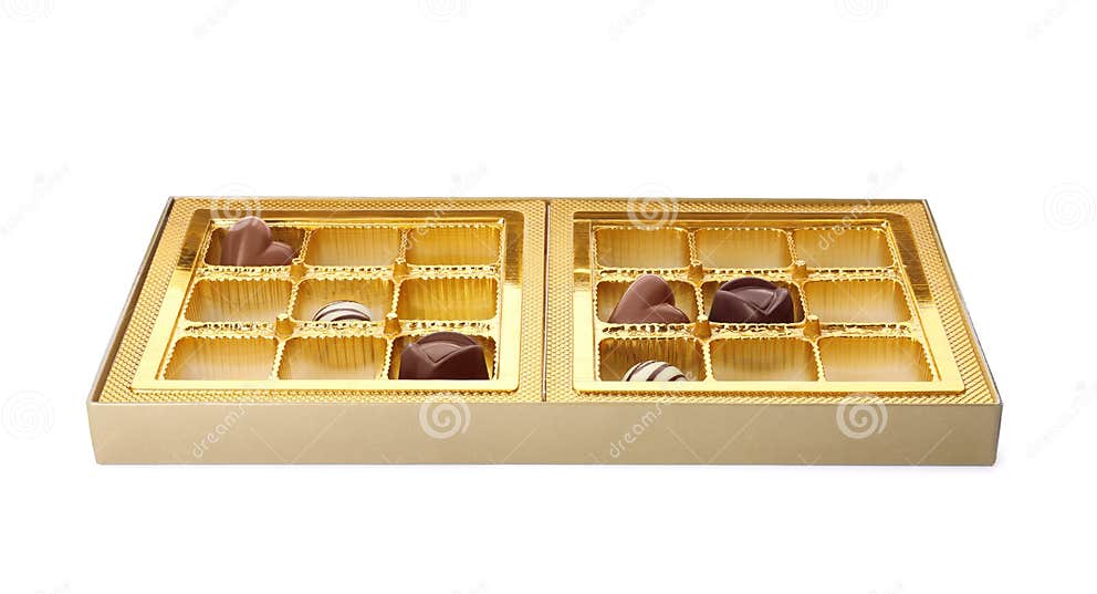 Partially Empty Box of Chocolate Candies Isolated on White Stock Photo ...