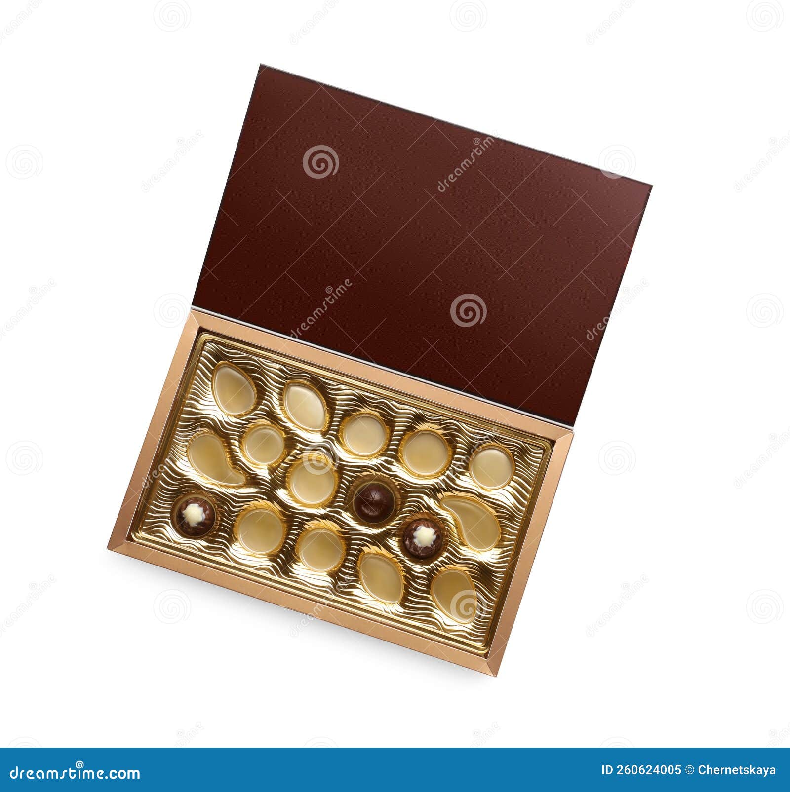 Partially Empty Box of Chocolate Candies Isolated on White, Top View ...