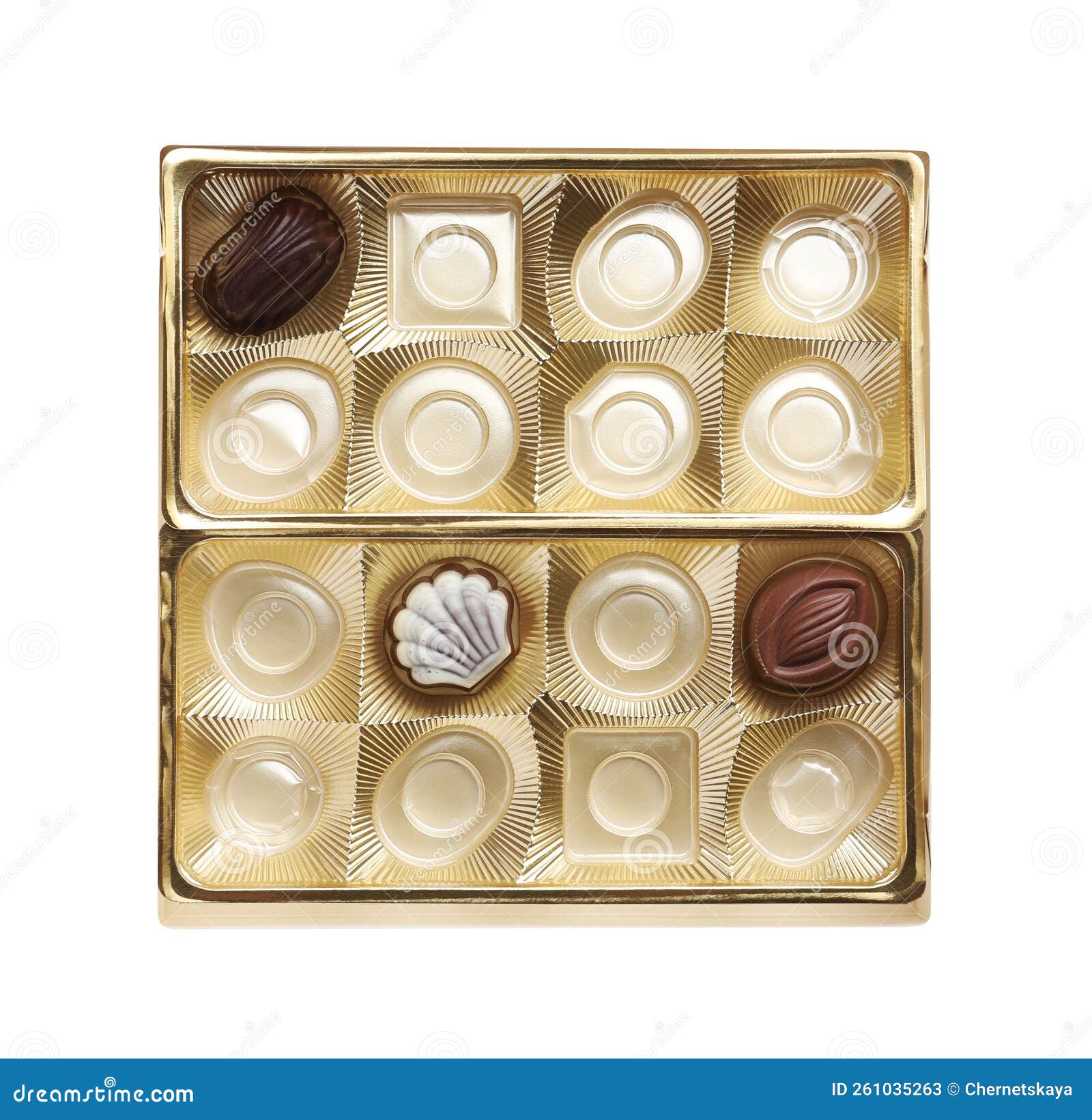 Partially Empty Box of Chocolate Candies Isolated on White, Top View ...