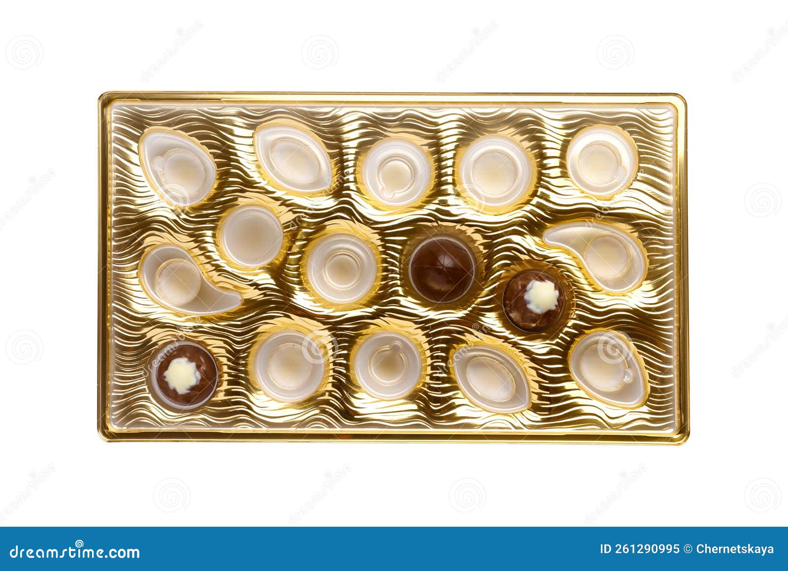 Partially Empty Box of Chocolate Candies Isolated on White, Top View ...