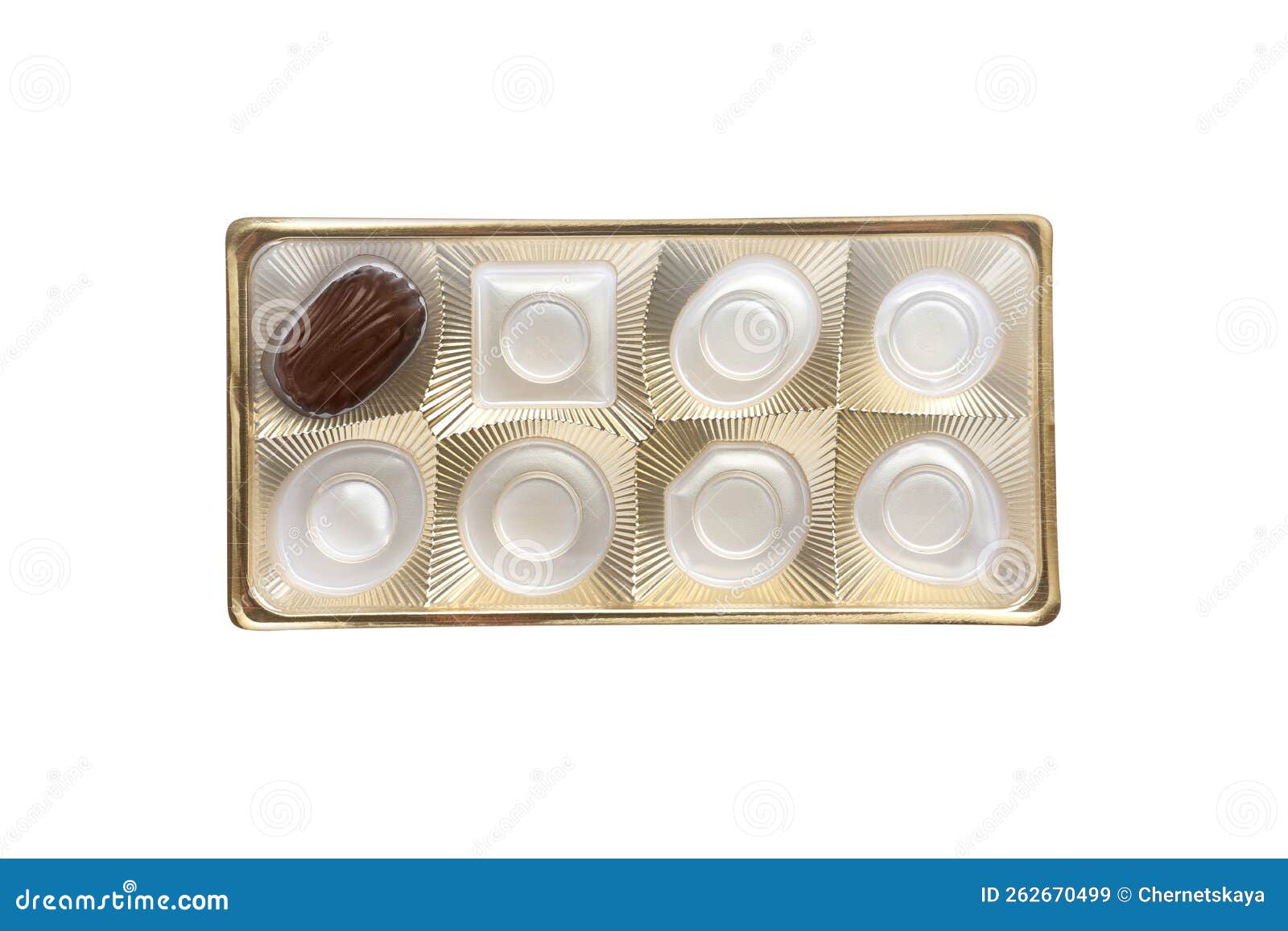Partially Empty Box of Chocolate Candies Isolated on White, Top View ...