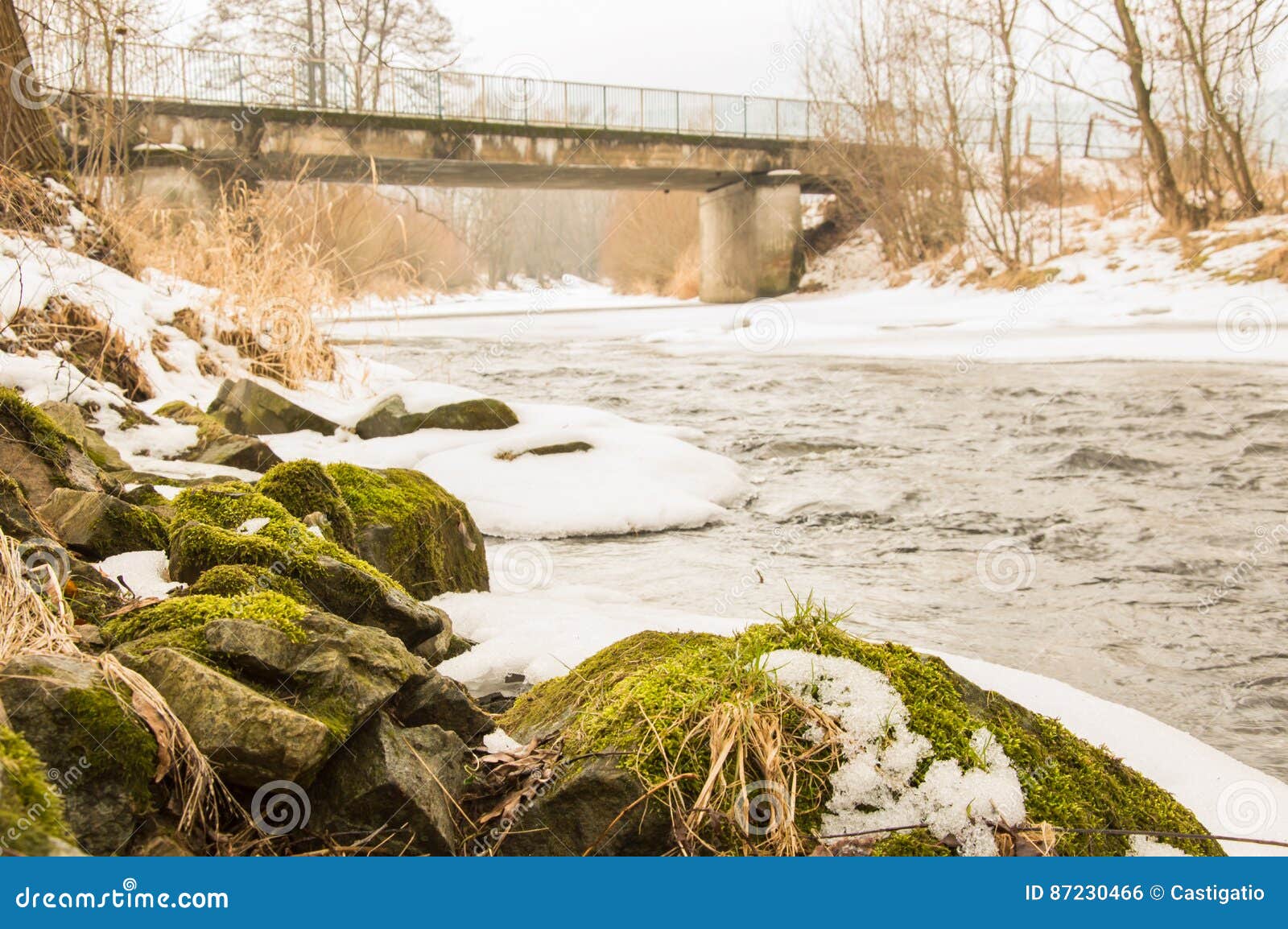 Partially Frozen River with a Bridge Stock Photo - Image of pillar ...