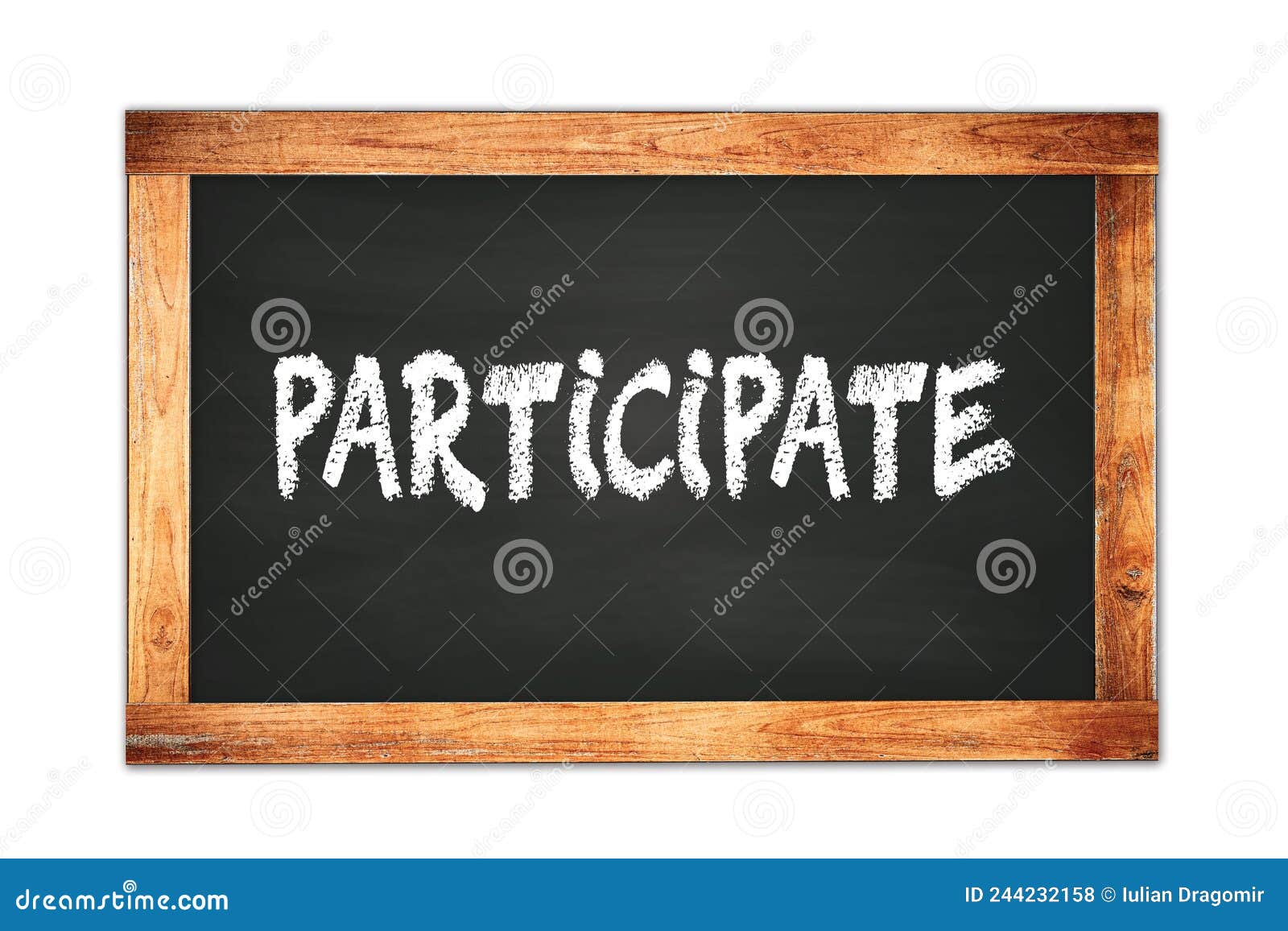 PARTICIPATE Text Written on Wooden Frame School Blackboard Stock ...