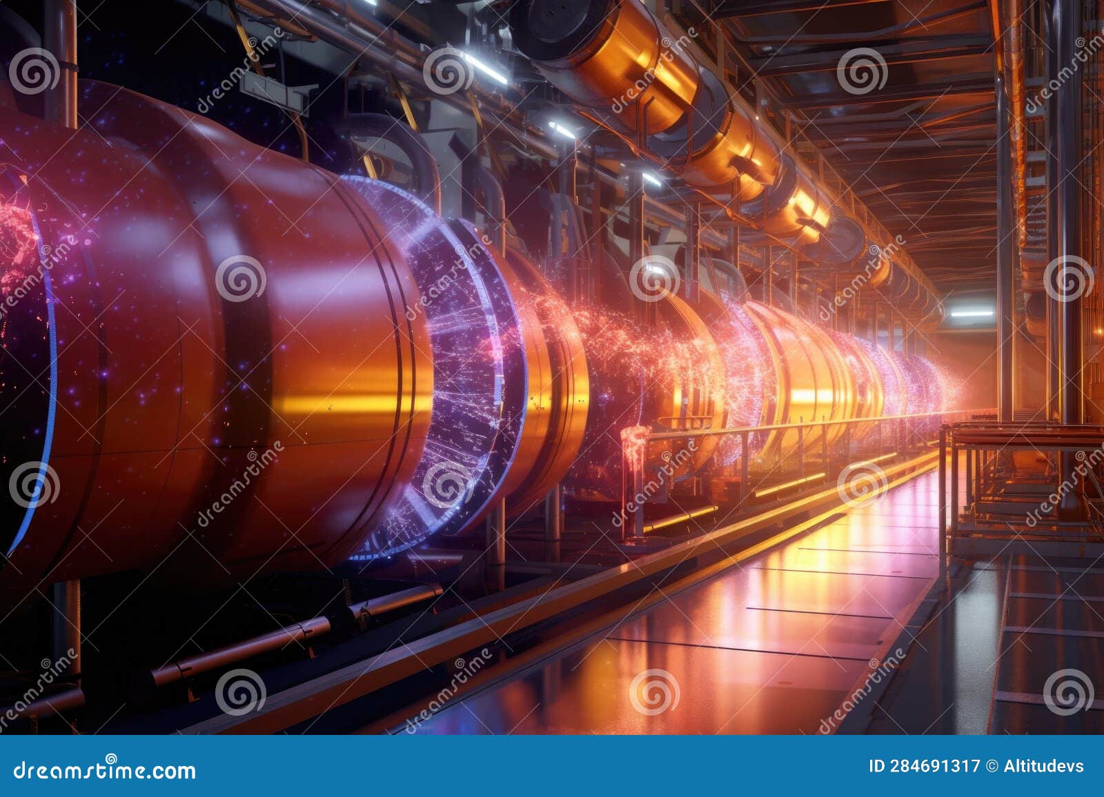 Particle Colliders Beamline with Glowing Particles Stock Illustration ...