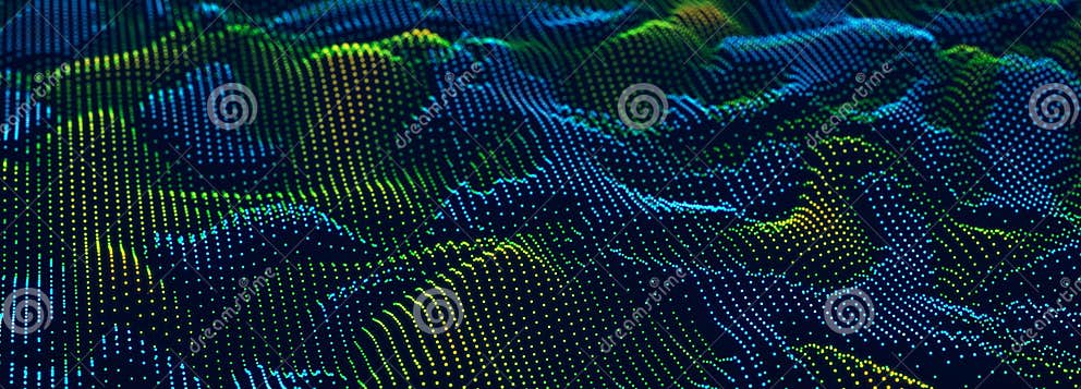 Particle Stream. Blue Wave Background with Many Glowing Particles ...