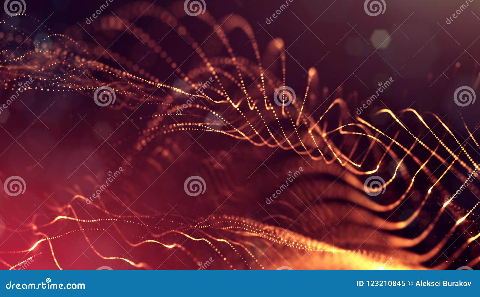 Golden Red Particles Form Line and Surface Grid. Microcosm or Space. 3d ...
