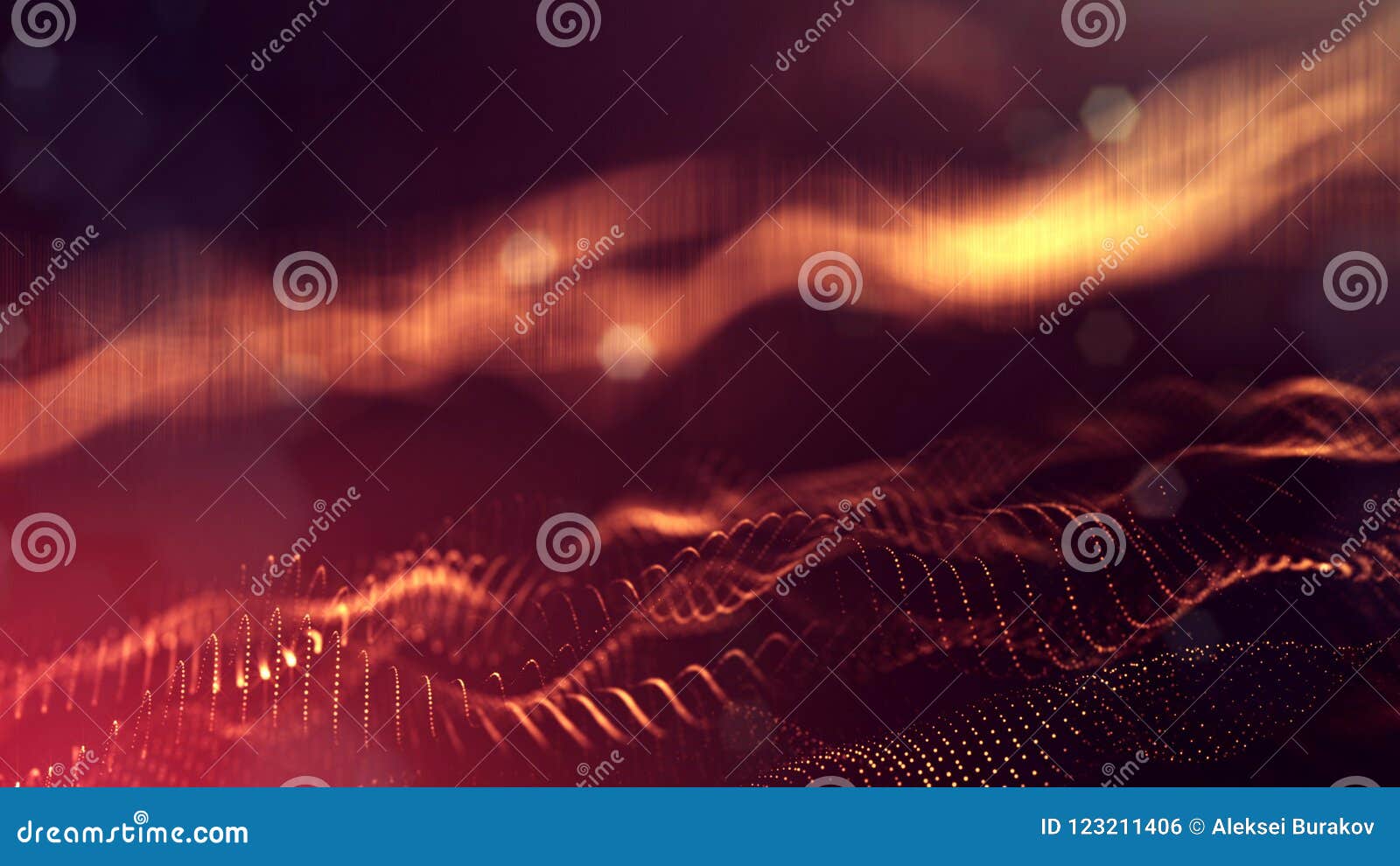 Golden Red Particles Form Line and Surface Grid. Microcosm or Space. 3d ...
