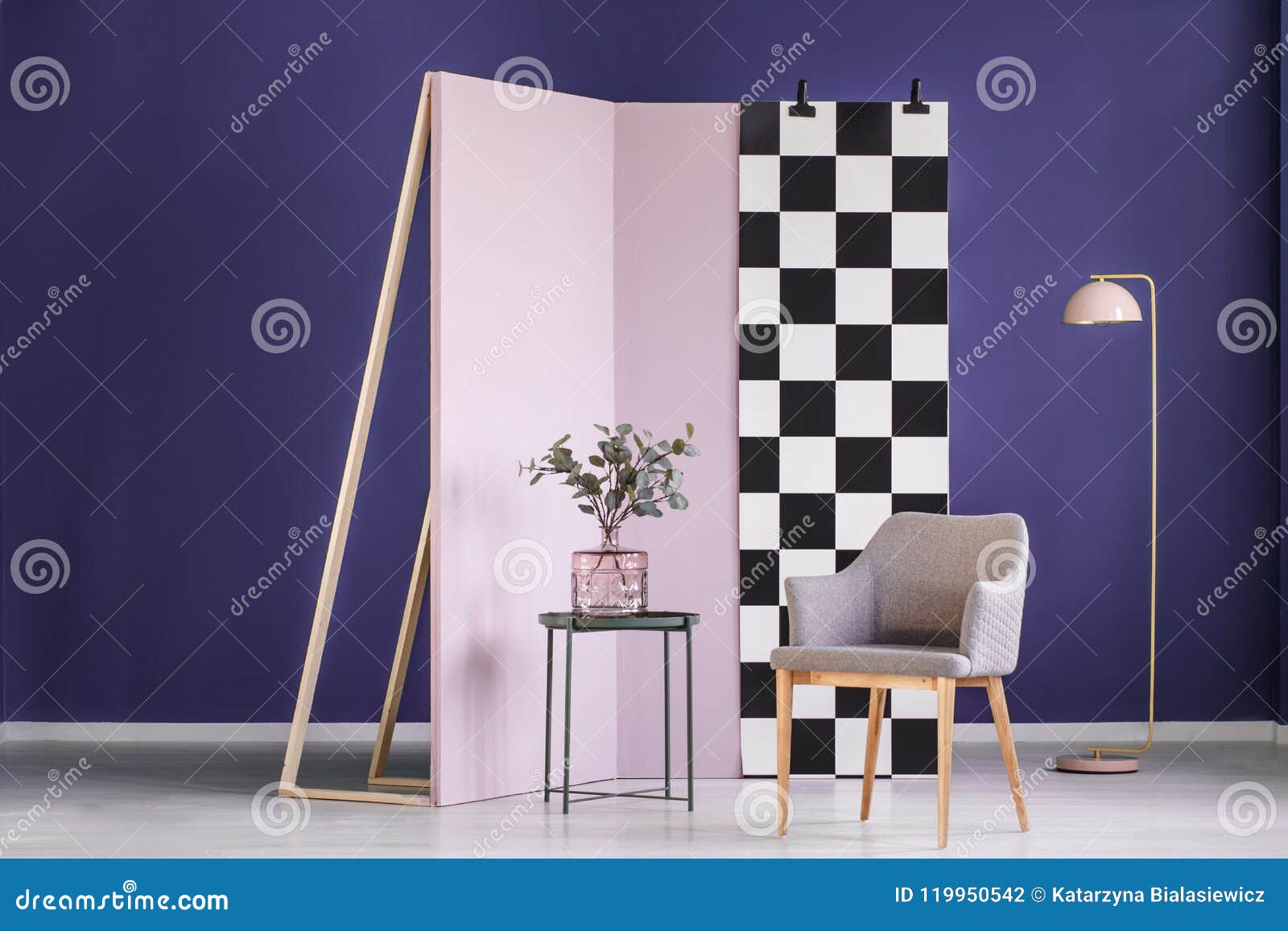 Partition Wall with Checkered Pattern Set in a Purple Room Inter Stock ...