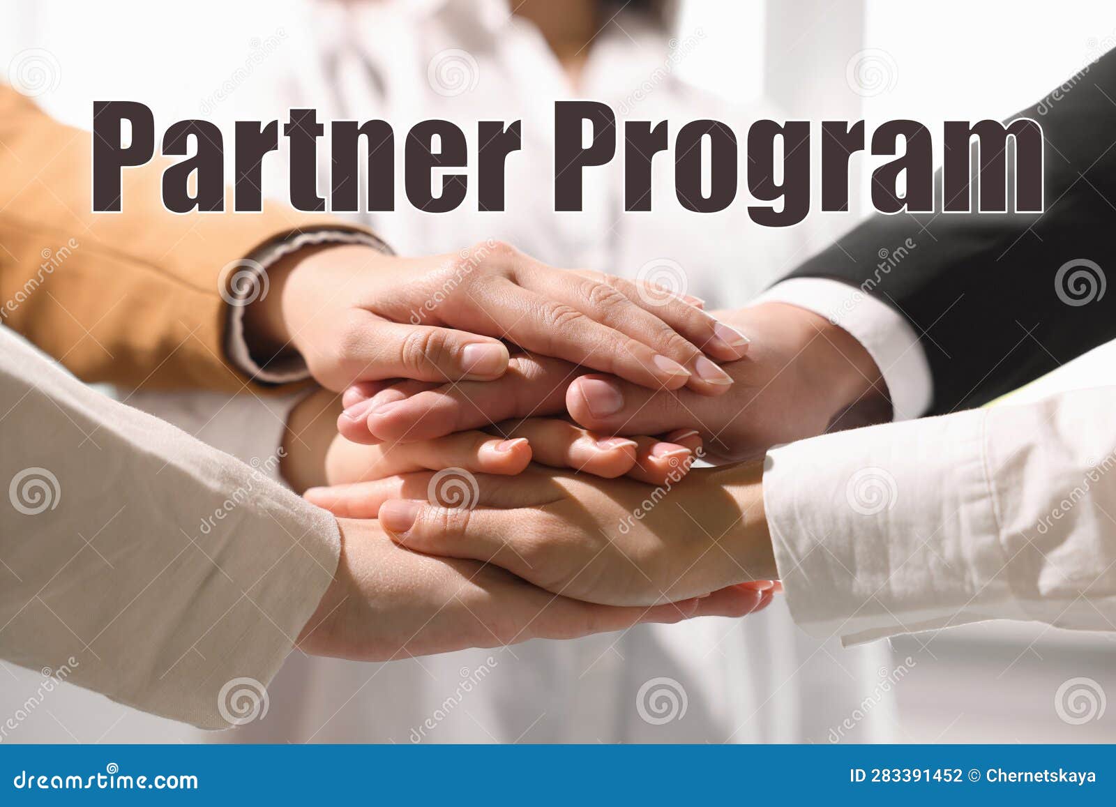 Partner Program. Office Employees Joining Hands, Closeup Stock Photo ...