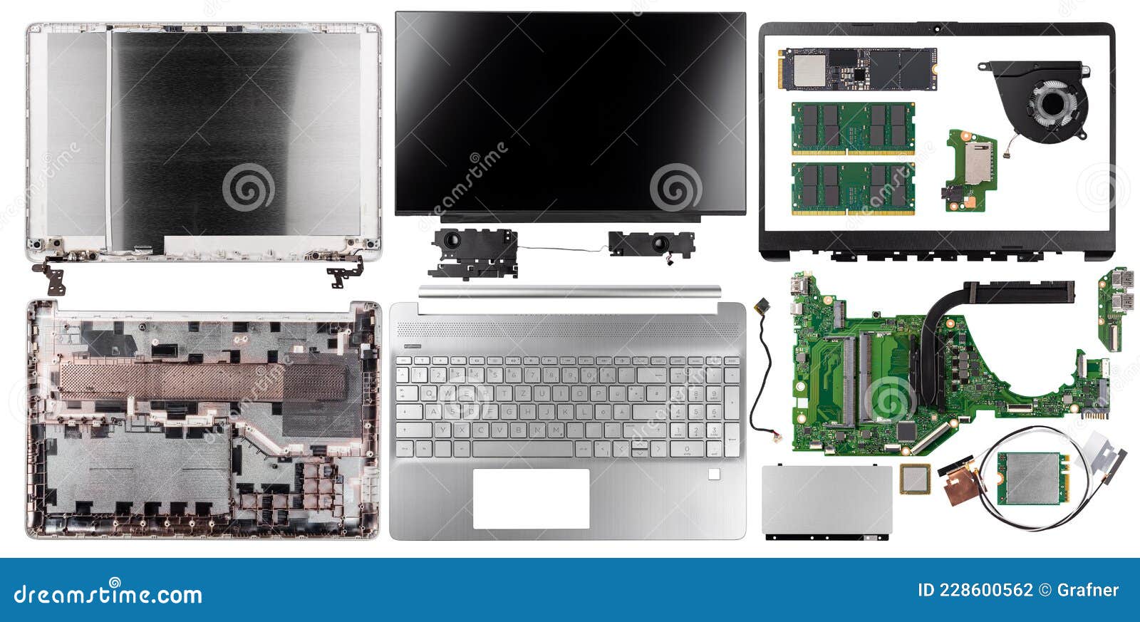 Parts and Components Set of a Modern Slime Notebook Laptop Pc in Top ...