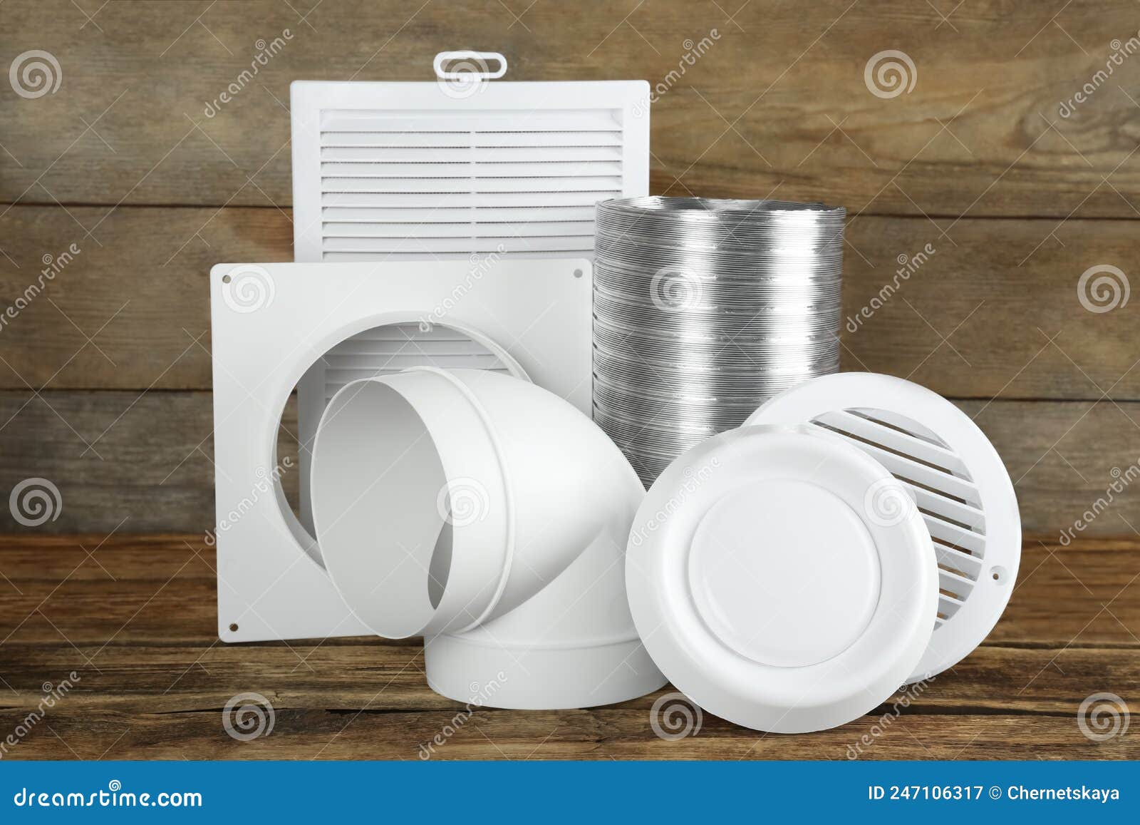 Parts of Home Ventilation System on Wooden Surface Stock Image - Image ...