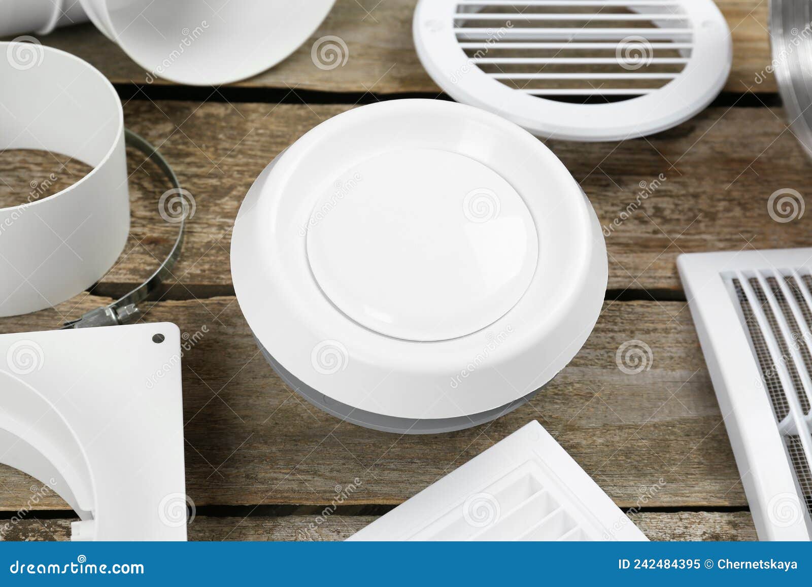 Parts of Home Ventilation System on Wooden Surface, Closeup Stock Image ...