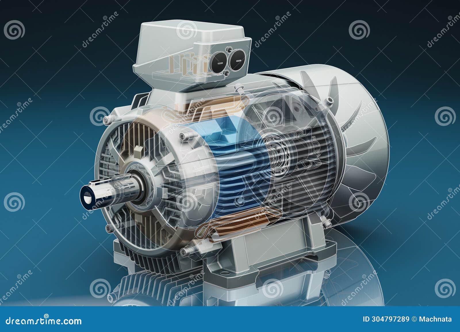 Parts of Industrial Electric Motor, Section on Backdrop. 3D Rendering ...
