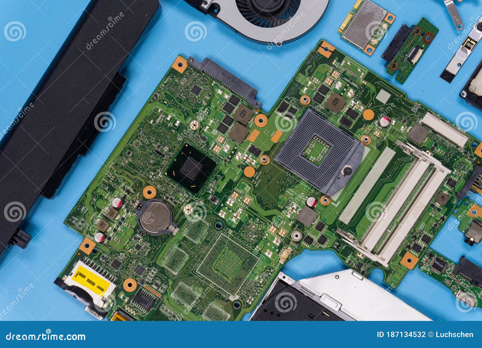 Parts of a Modern Computer. the Insides of a Laptop on a Blue ...