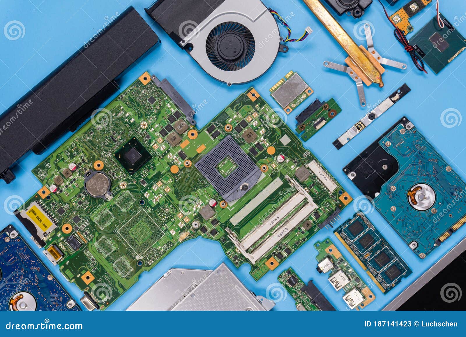 Parts of a Modern Computer. the Insides of a Laptop on a Blue ...