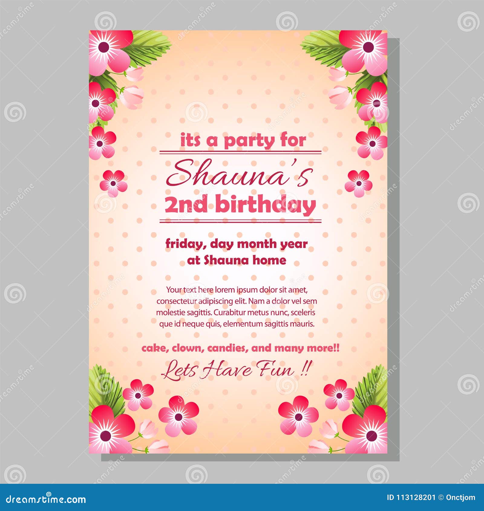Party Birthday Invitation Template with Cute Flower Stock Vector ...