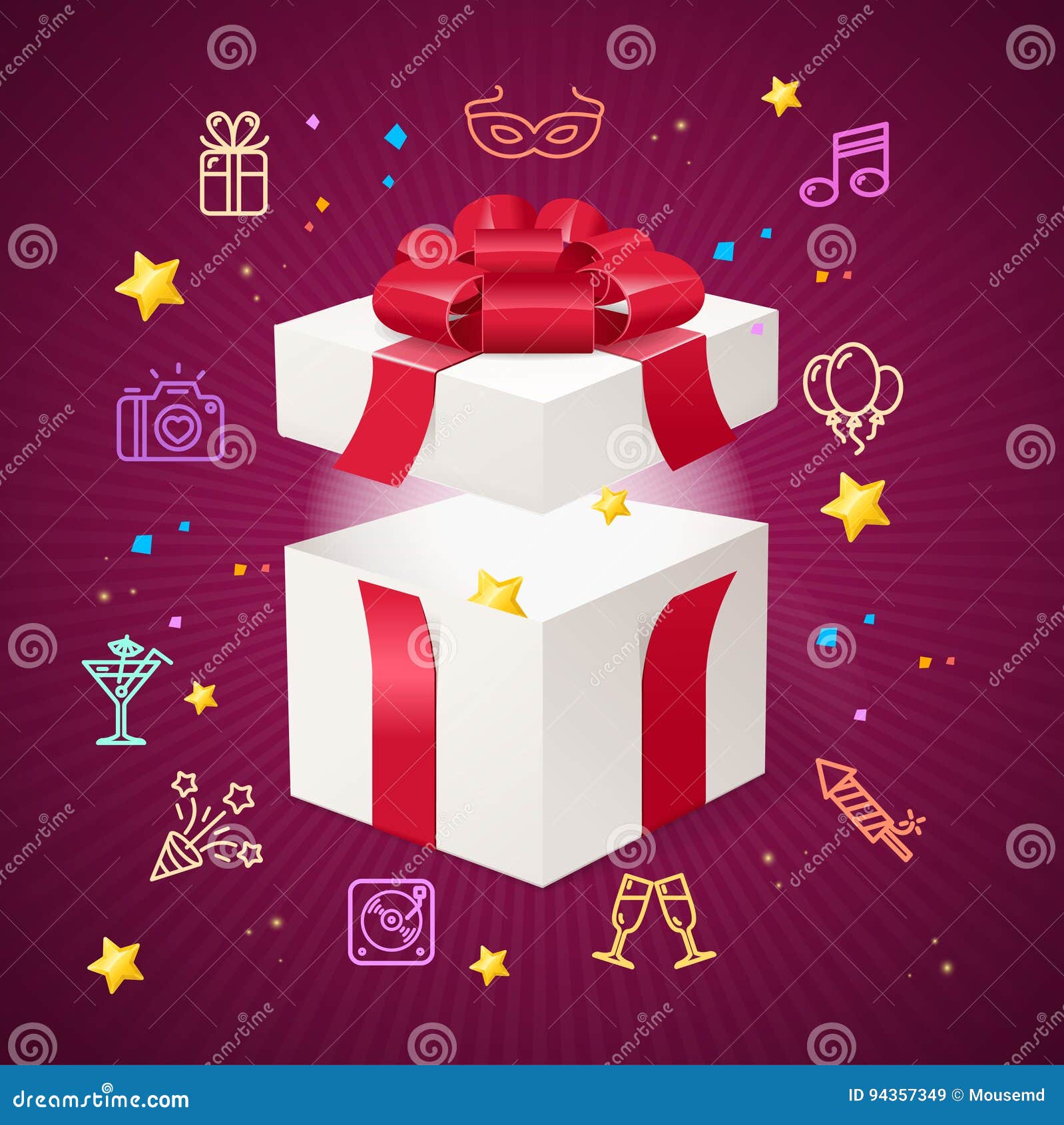 Party Card Flyer Invitation Birthday with Open Present Box. Vector ...