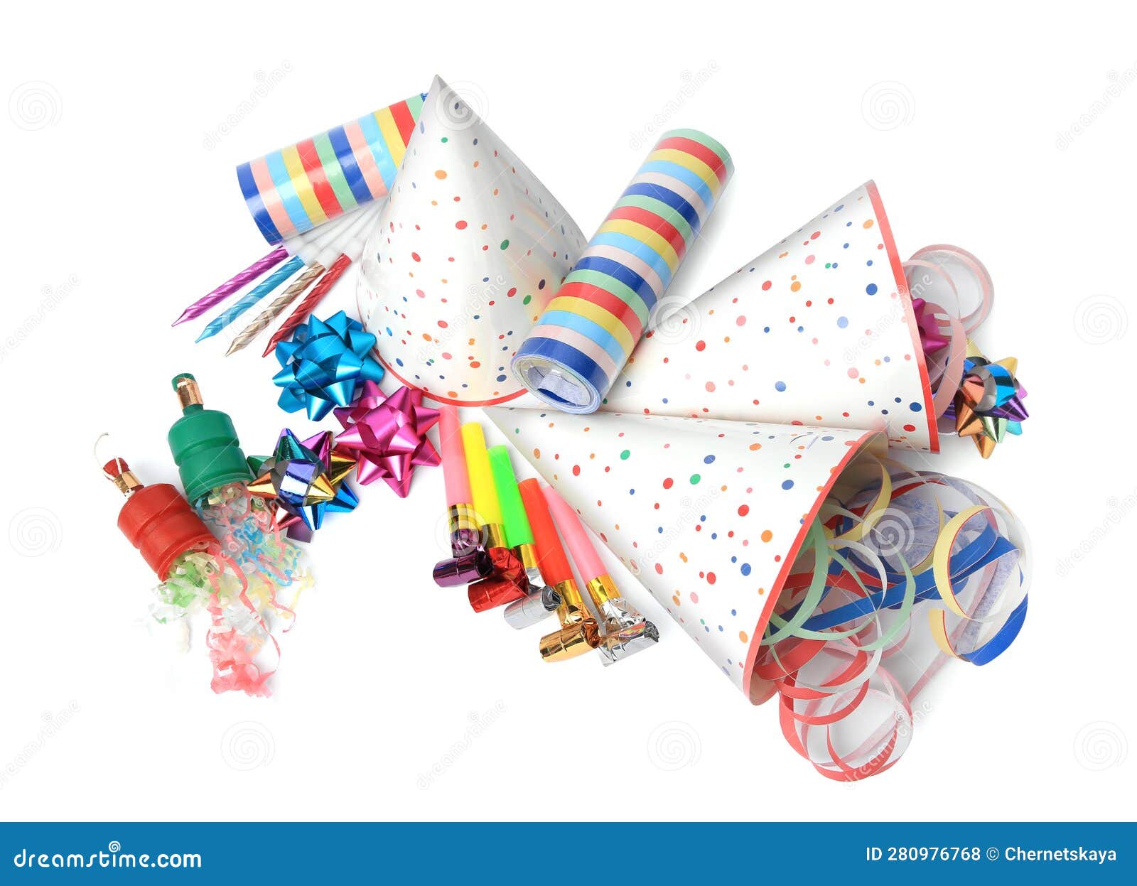 Party Crackers and Different Festive Items on White Background Stock ...