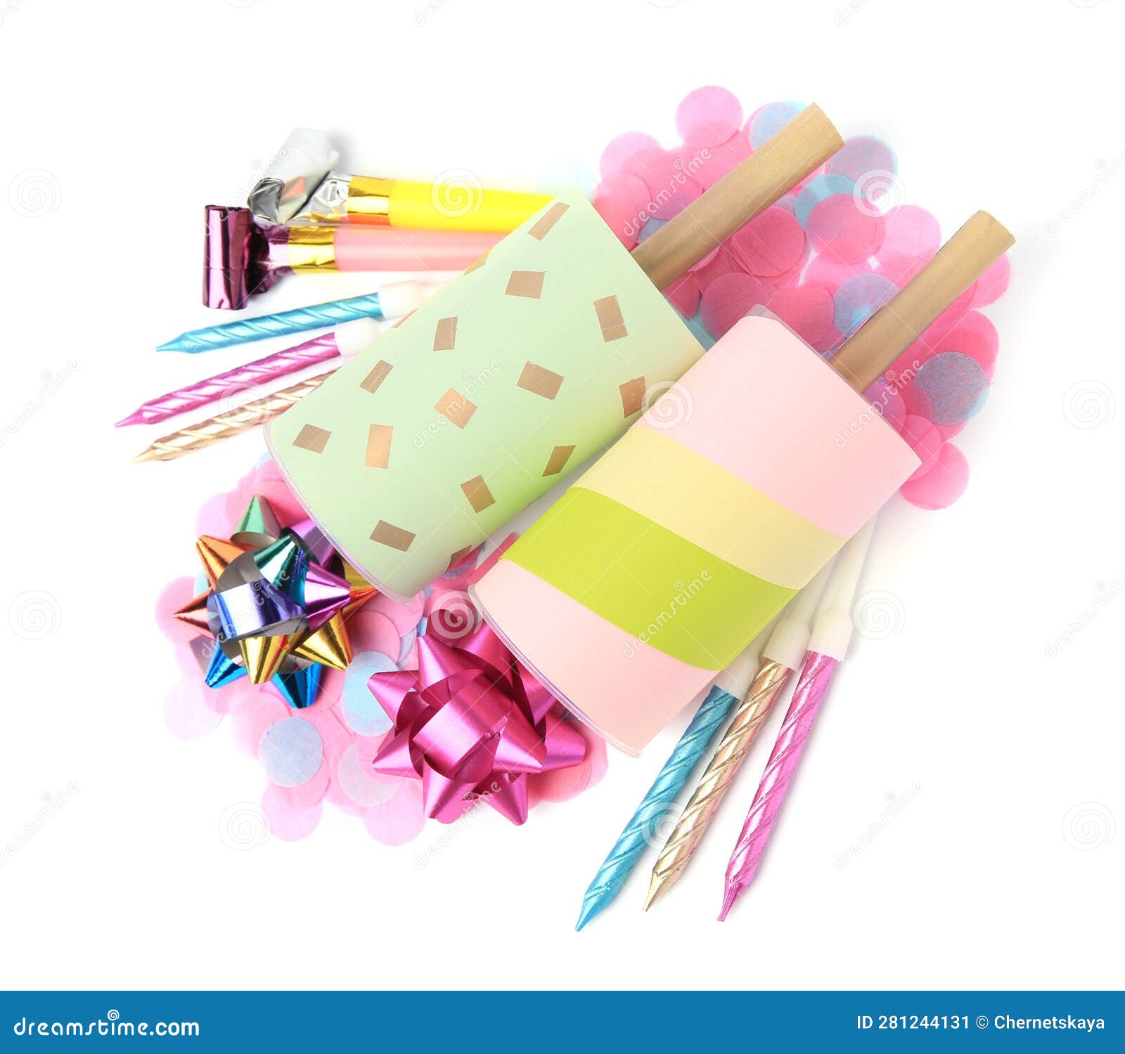 Party Crackers and Different Festive Items on White Background, Top ...