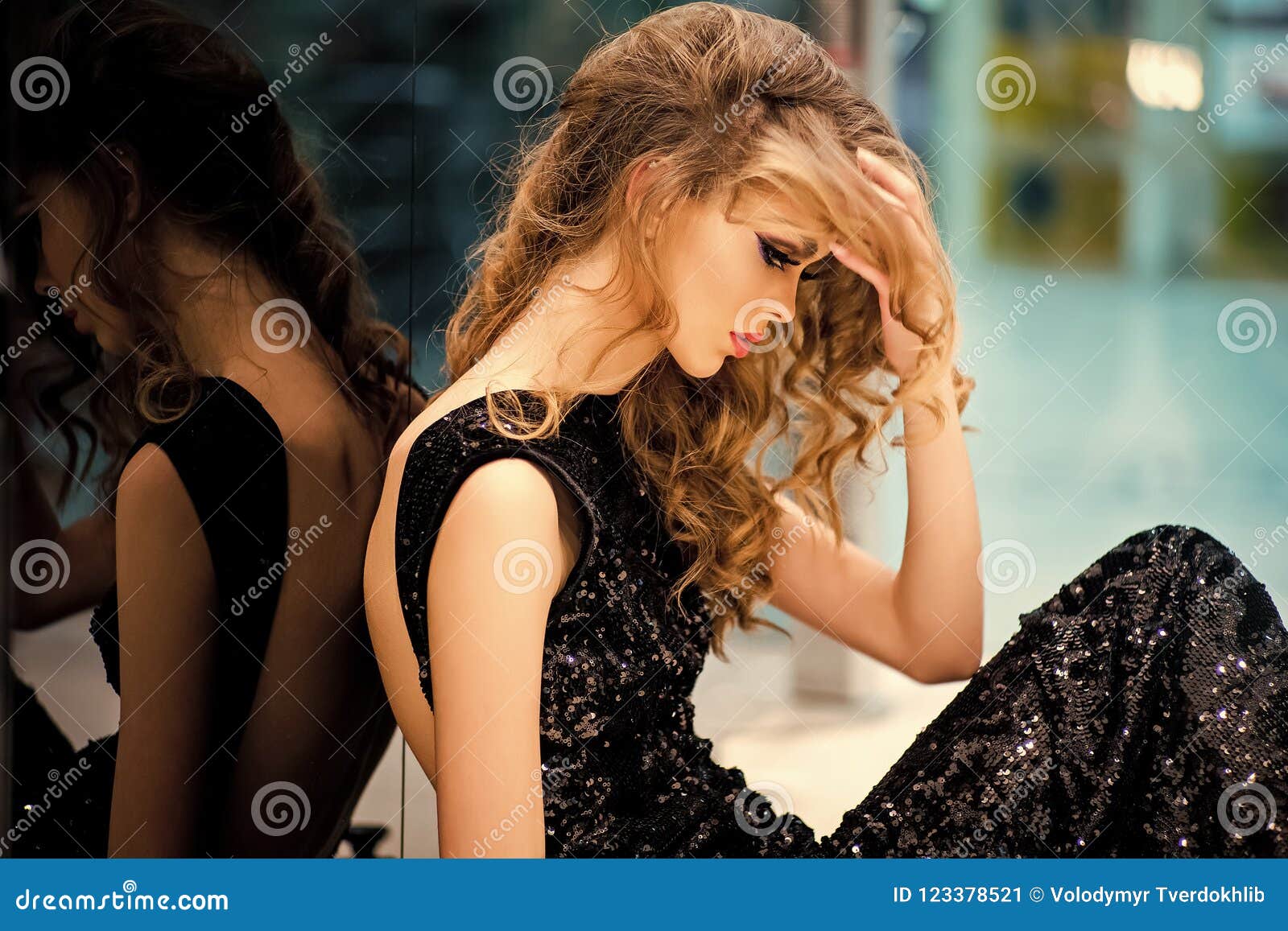 Party Girl In Trendy Sequin Black Dress Stock Image Image Of Skincare