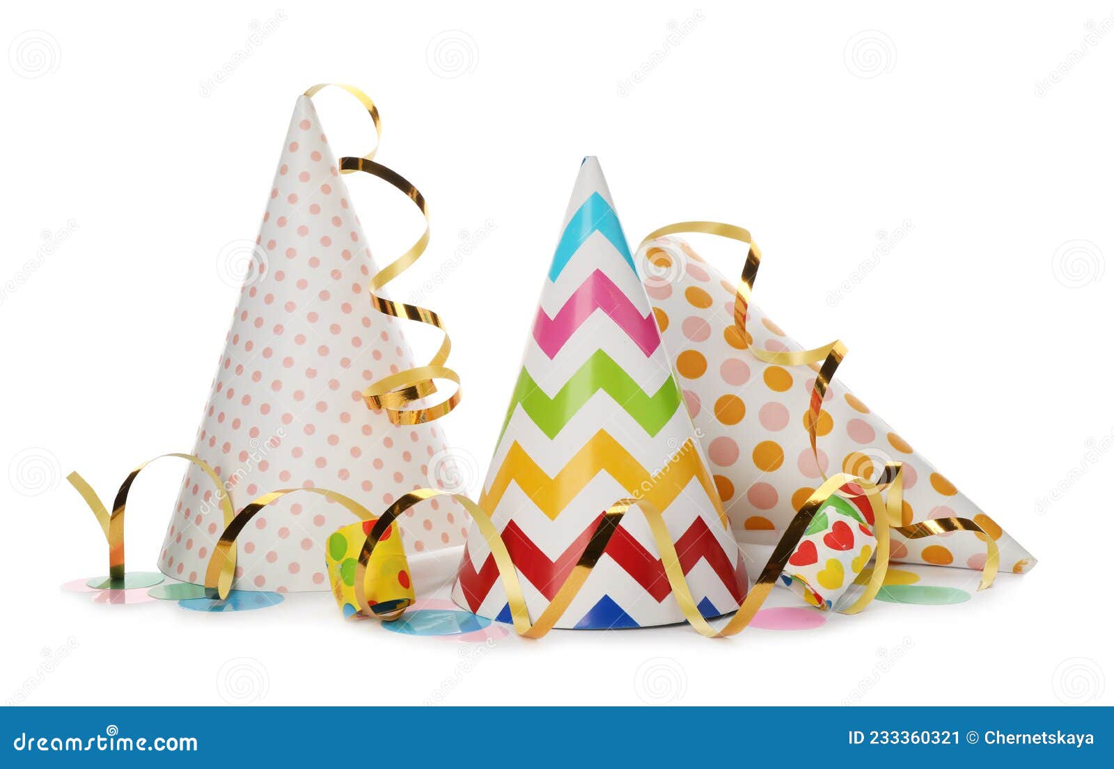 Party Hats, Blowers and Confetti Streamers on White Background Stock ...