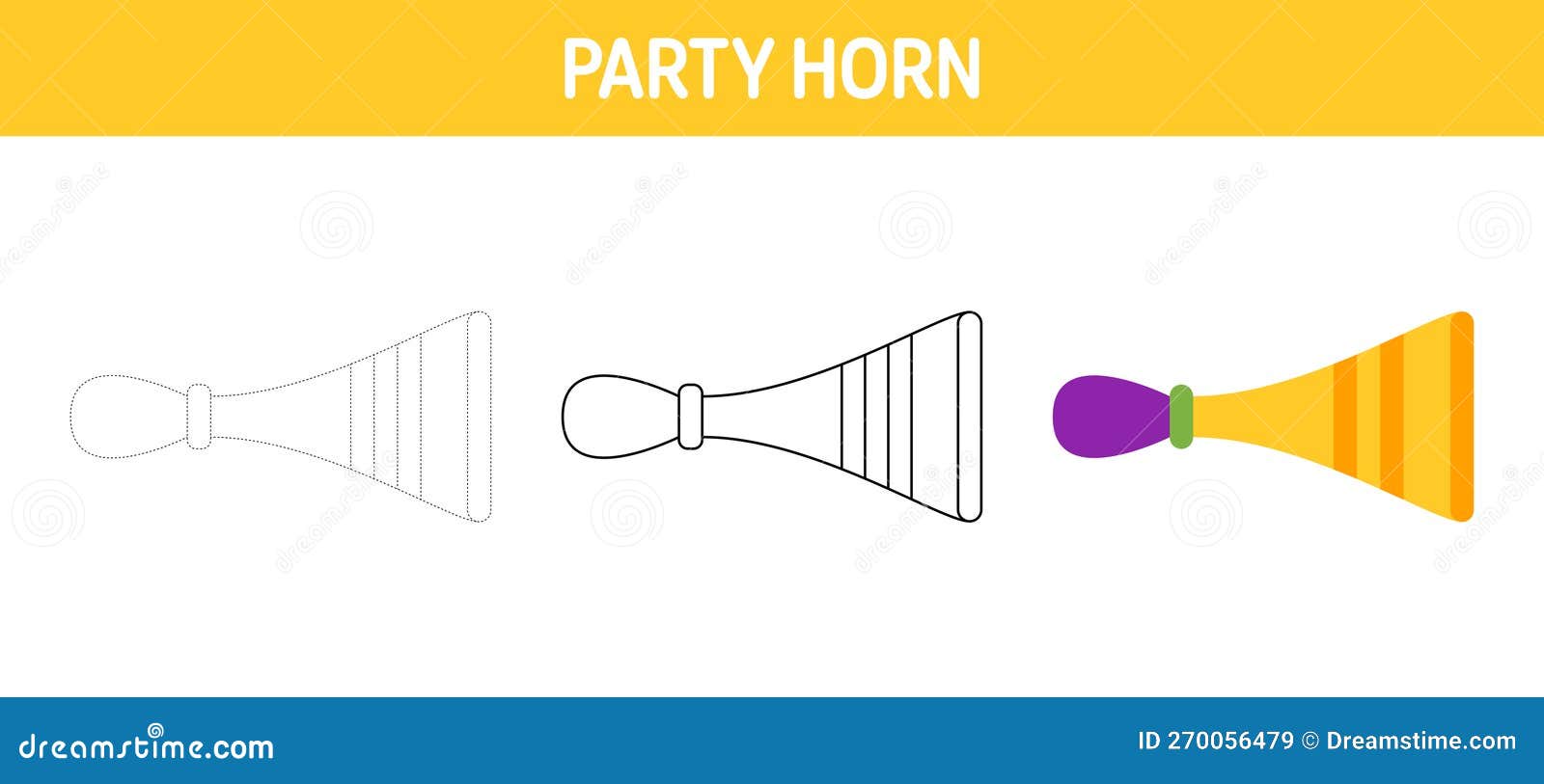 Party Horn Tracing and Coloring Worksheet for Kids Stock Vector ...