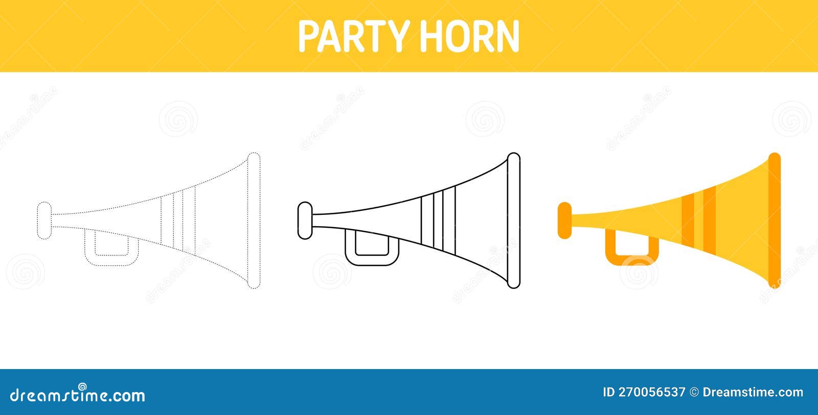 Party Horn Tracing and Coloring Worksheet for Kids Stock Vector ...