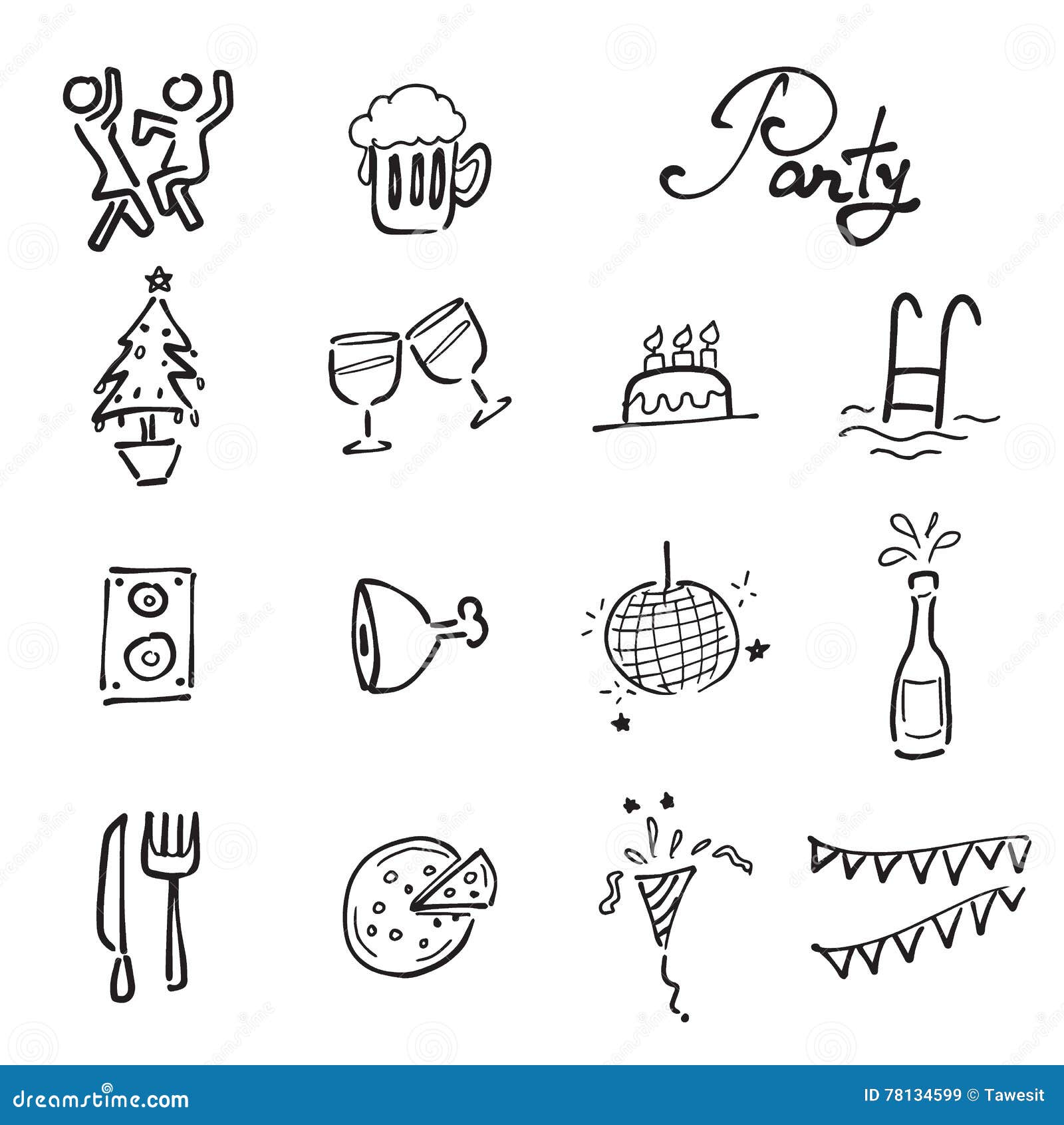 Party and Meeting Doodle Icons Set Stock Vector - Illustration of event ...