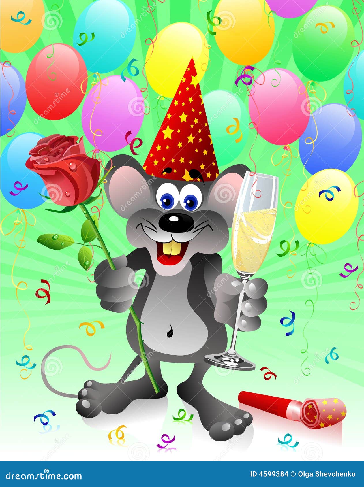 Party Rat with Red Rose and Ch Stock Vector - Illustration of enjoyment ...