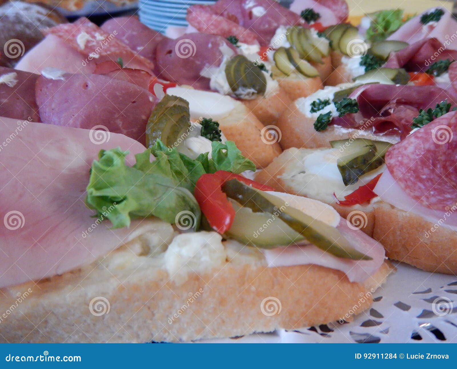 Party Refreshment with Bread, Cheese and Ham Stock Photo - Image of ...