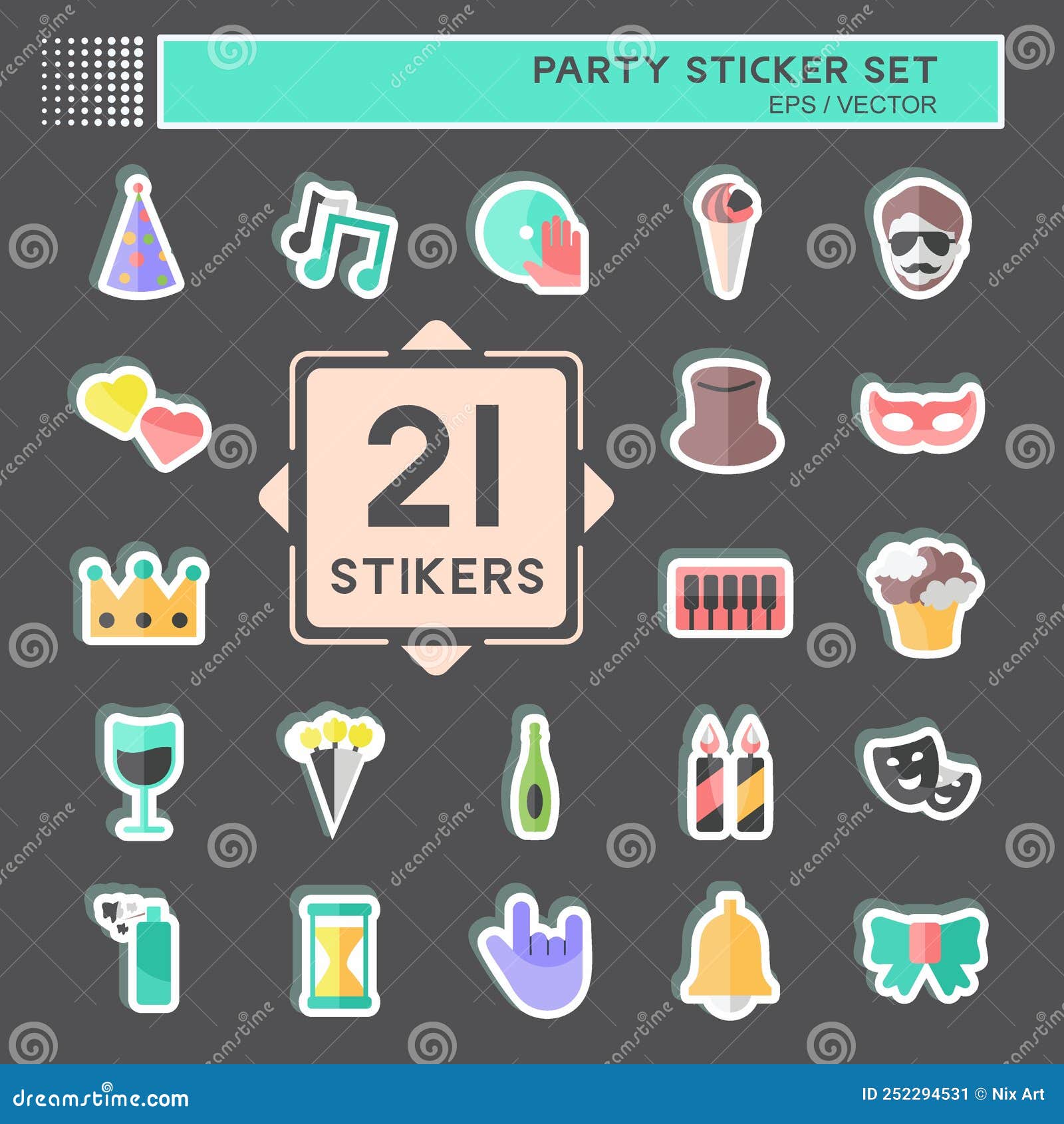 Party Sticker Set in Trendy Isolated on Black Background Stock ...