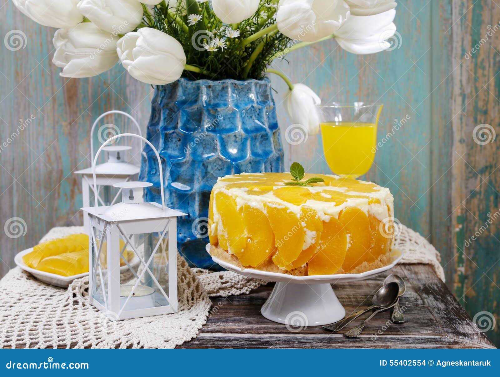 Party Table with Peach Cheese Cake Stock Photo - Image of bouquet ...