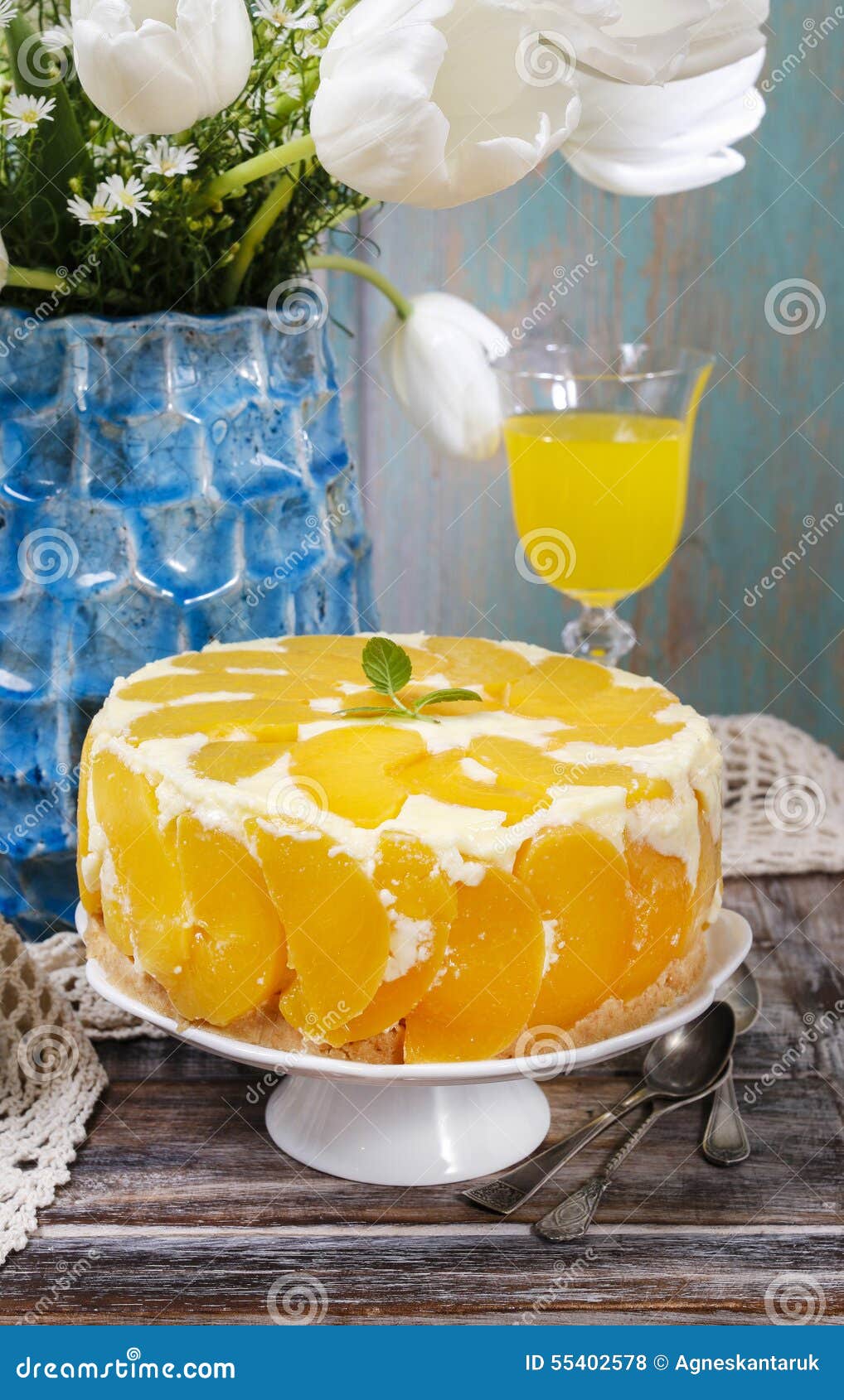Party Table with Peach Cheese Cake Stock Photo - Image of cream ...
