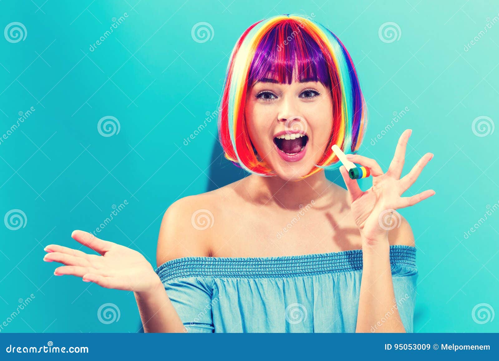 Party Theme with Woman in Colorful Wig Stock Image - Image of birthday ...