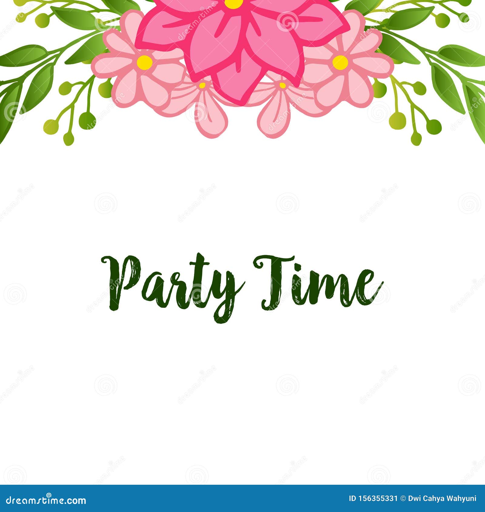 Party Time Card with Design Pink Wreath Frame Cute. Vector Stock Vector ...