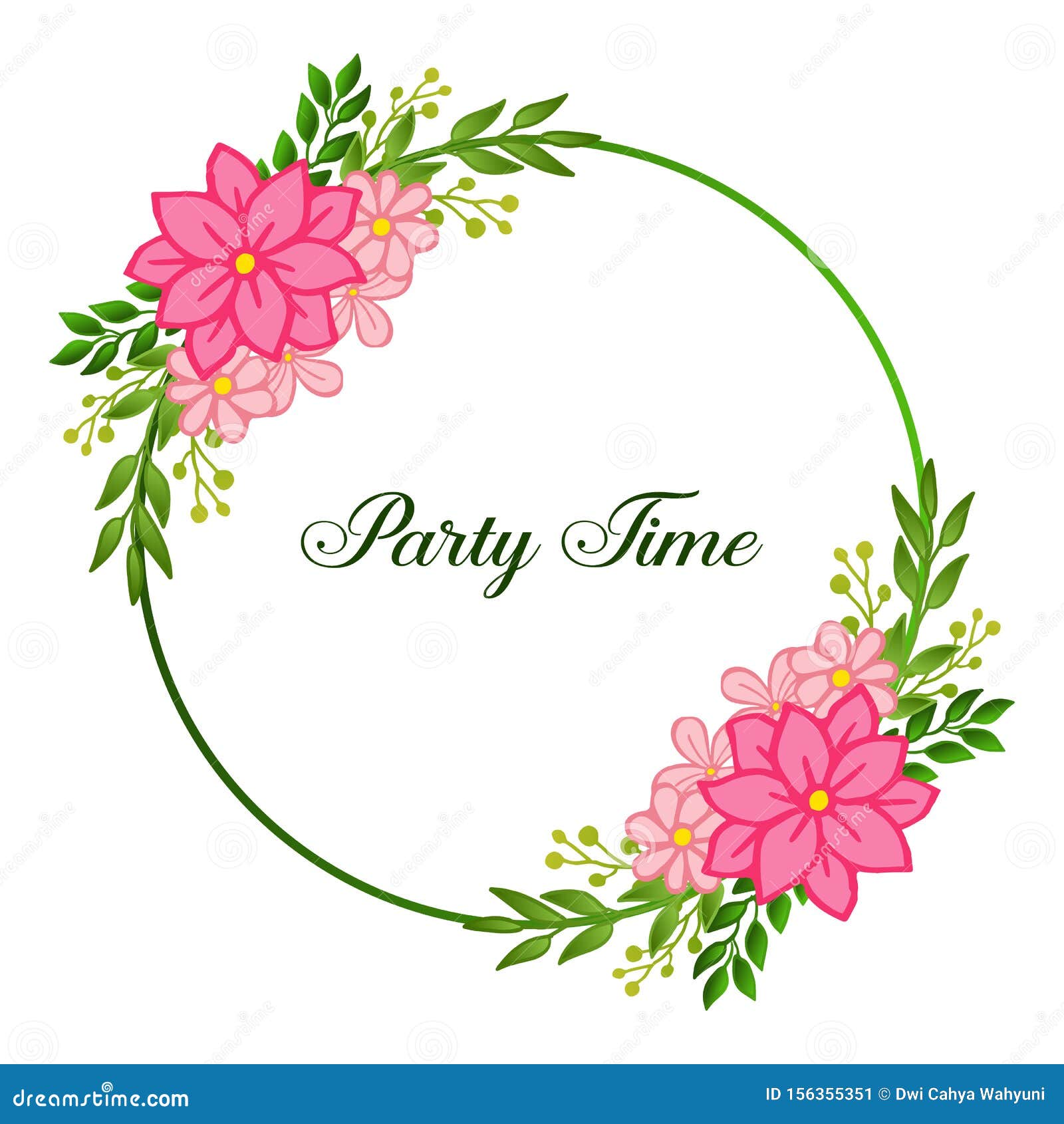 Party Time Card with Design Pink Wreath Frame Cute. Vector Stock Vector ...