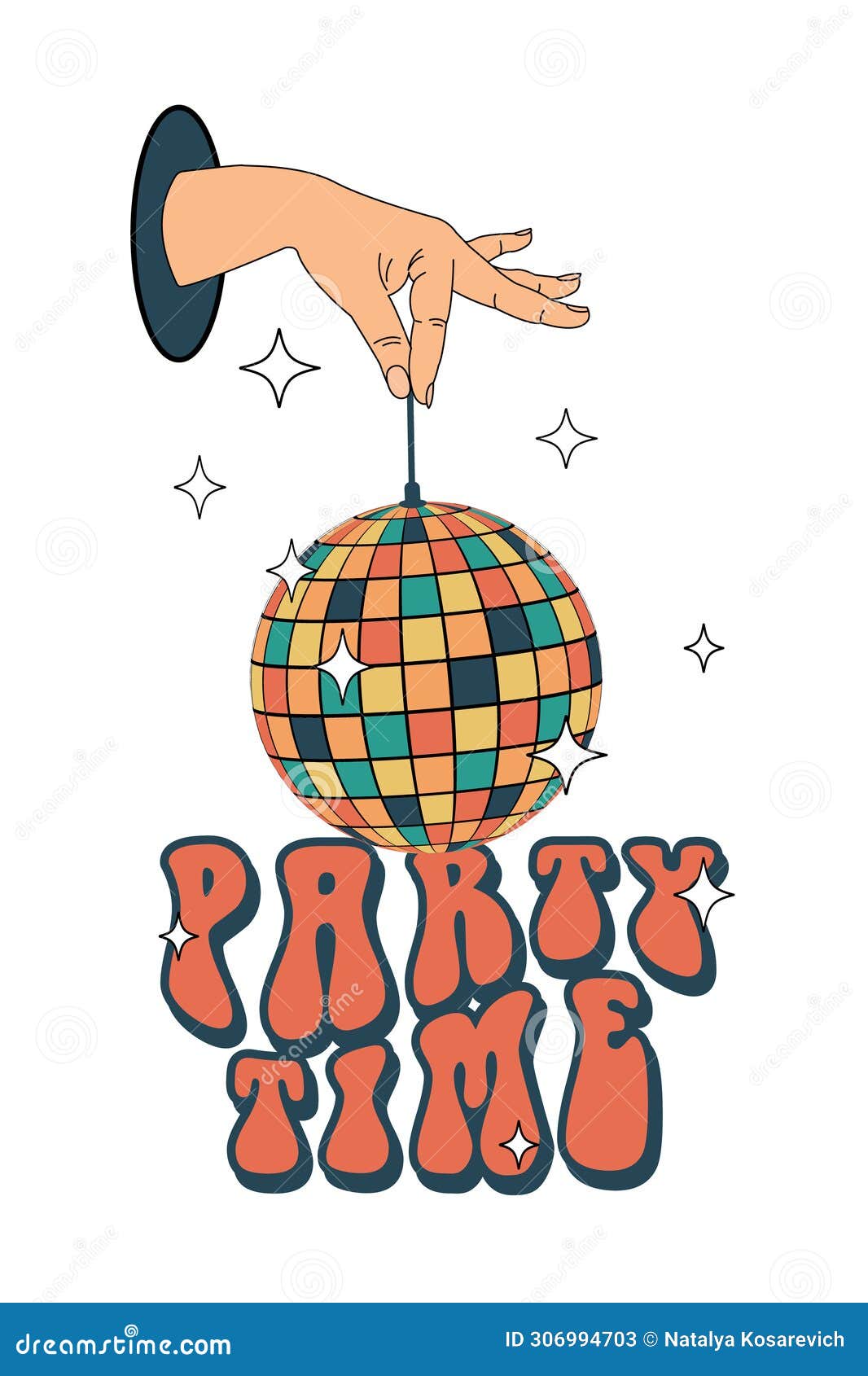 Party Time. Disco Ball in Hand. Groovy. Clockwork Elements in a Retro ...