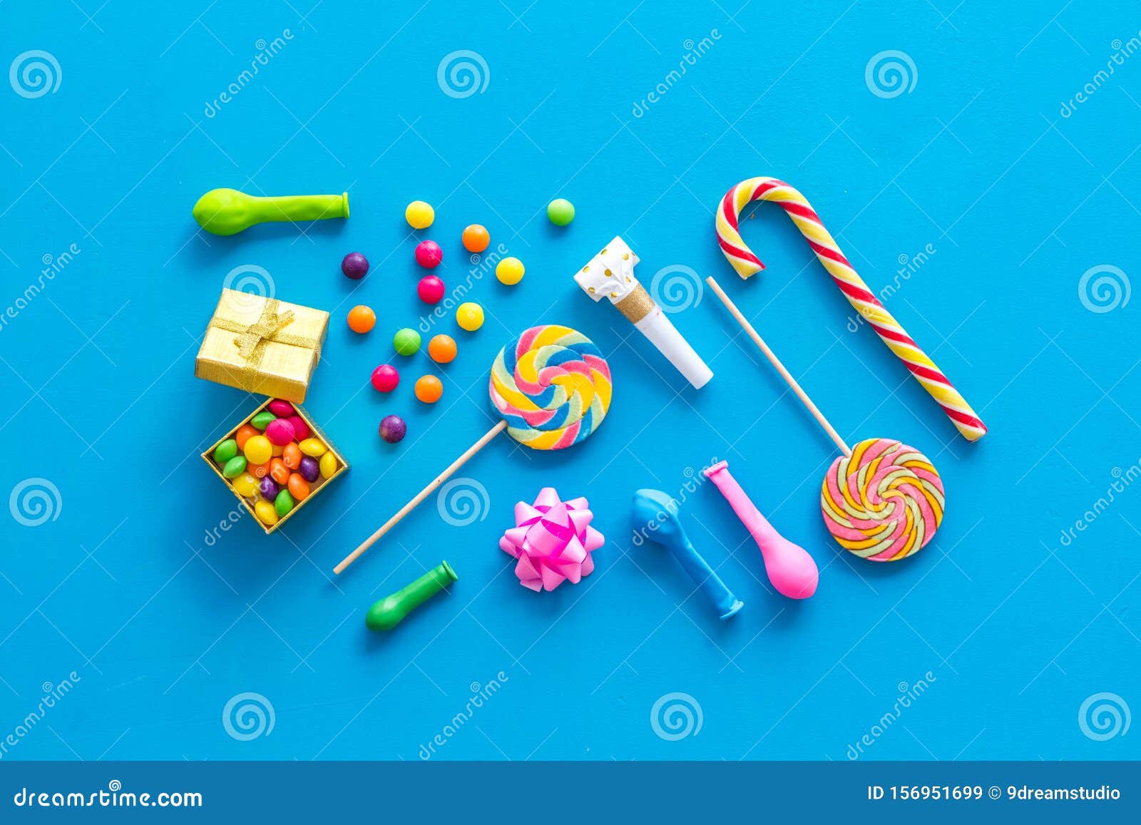 Party Time Pattern with Decorations on Blue Background Top View Stock ...