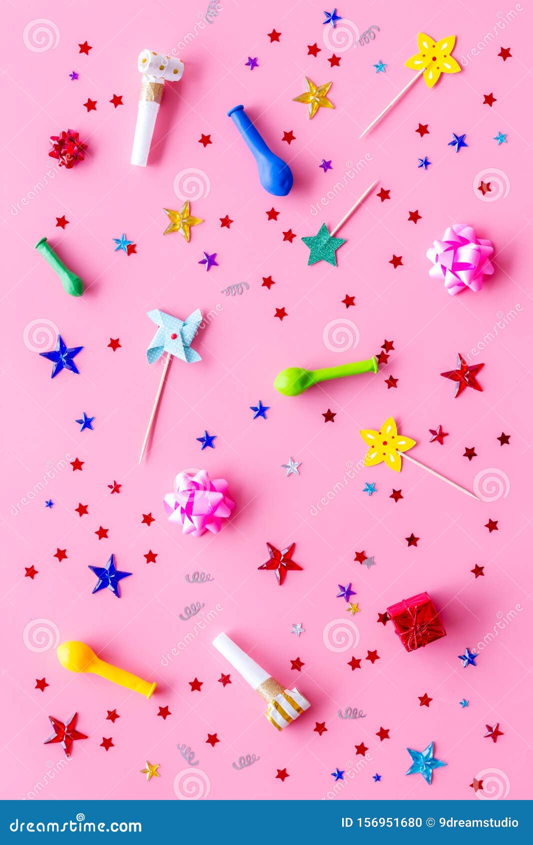 Party Time Pattern with Decorations on Pink Background Top View Stock ...
