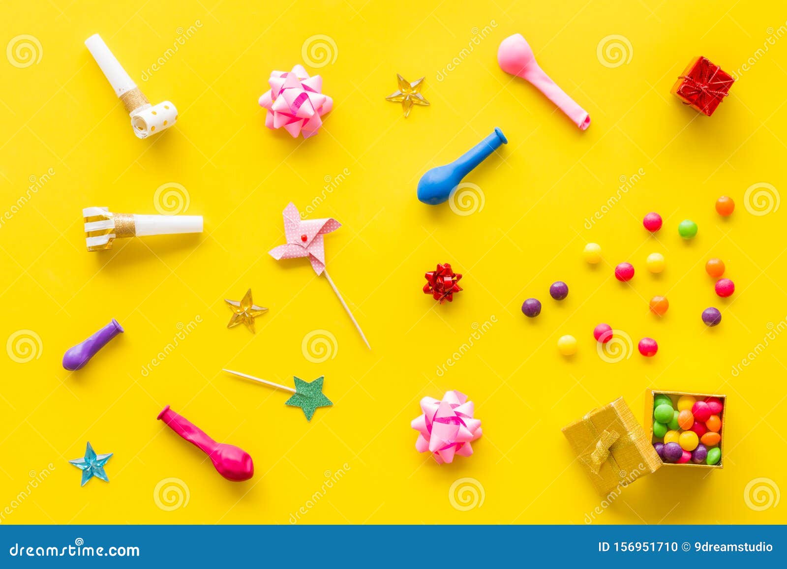 Party Time Pattern with Decorations on Yellow Background Top View Stock ...