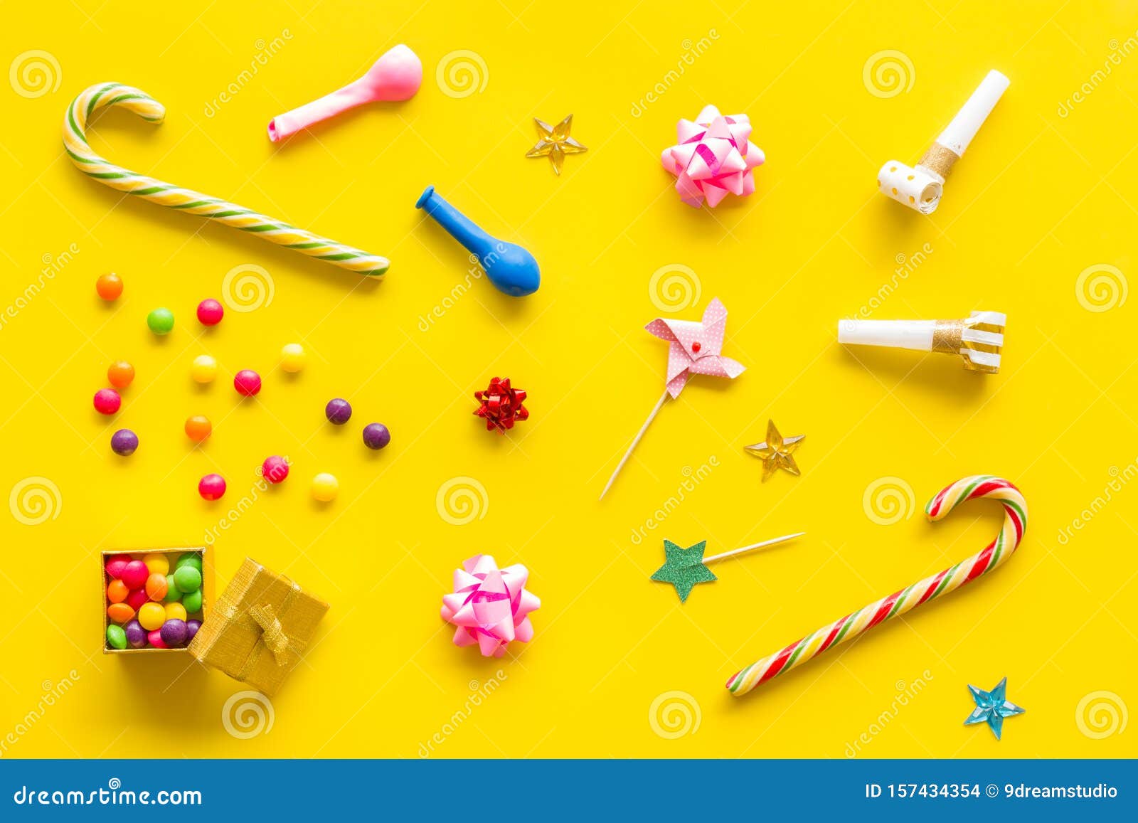 Party Time Pattern with Decorations on Yellow Background Top View Stock ...