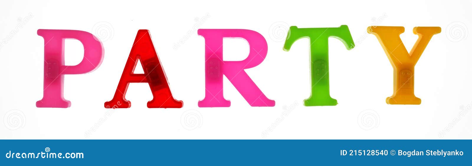 Party Word Lined with Plastic Multicolored Letters on White Background ...