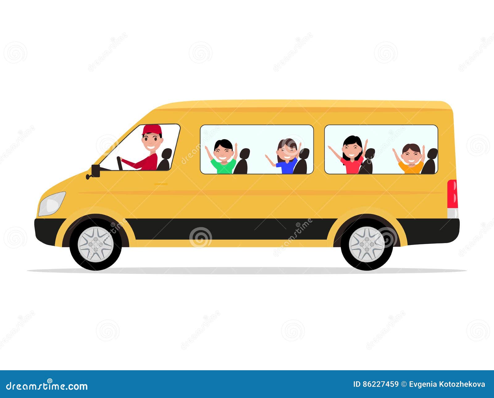 Pasajeros De Los Niños Del Conductor Del Minivan De La Historieta Del