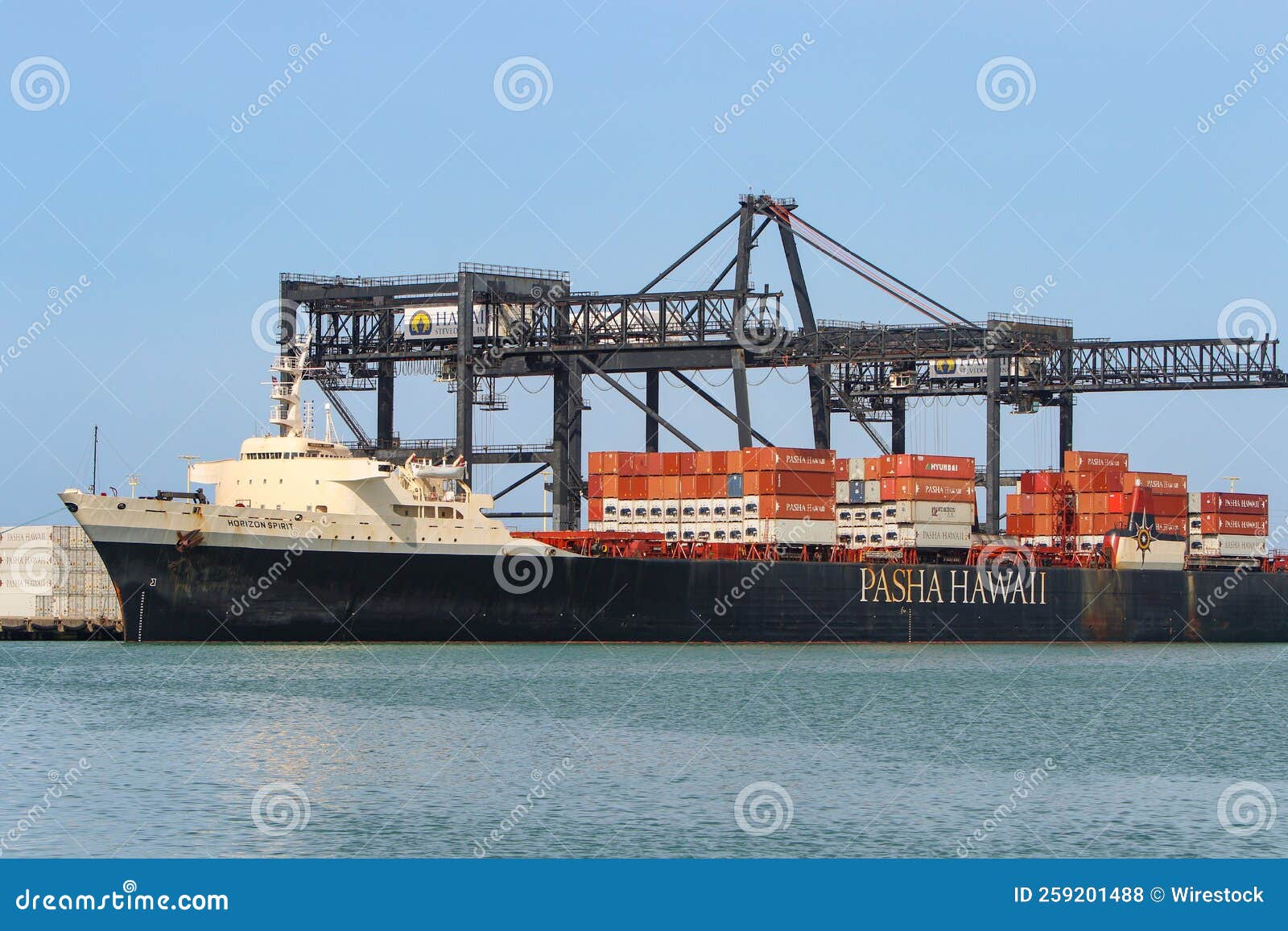 Pasha Offloading Cargo Docking Station in Hawaii with Ships, Clear Sky ...